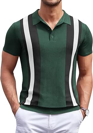 Amazon.com: COOFANDY Men's Knit Polo Shirt Short Sleeve Vintage Striped Golf Shirt : Clothing ...