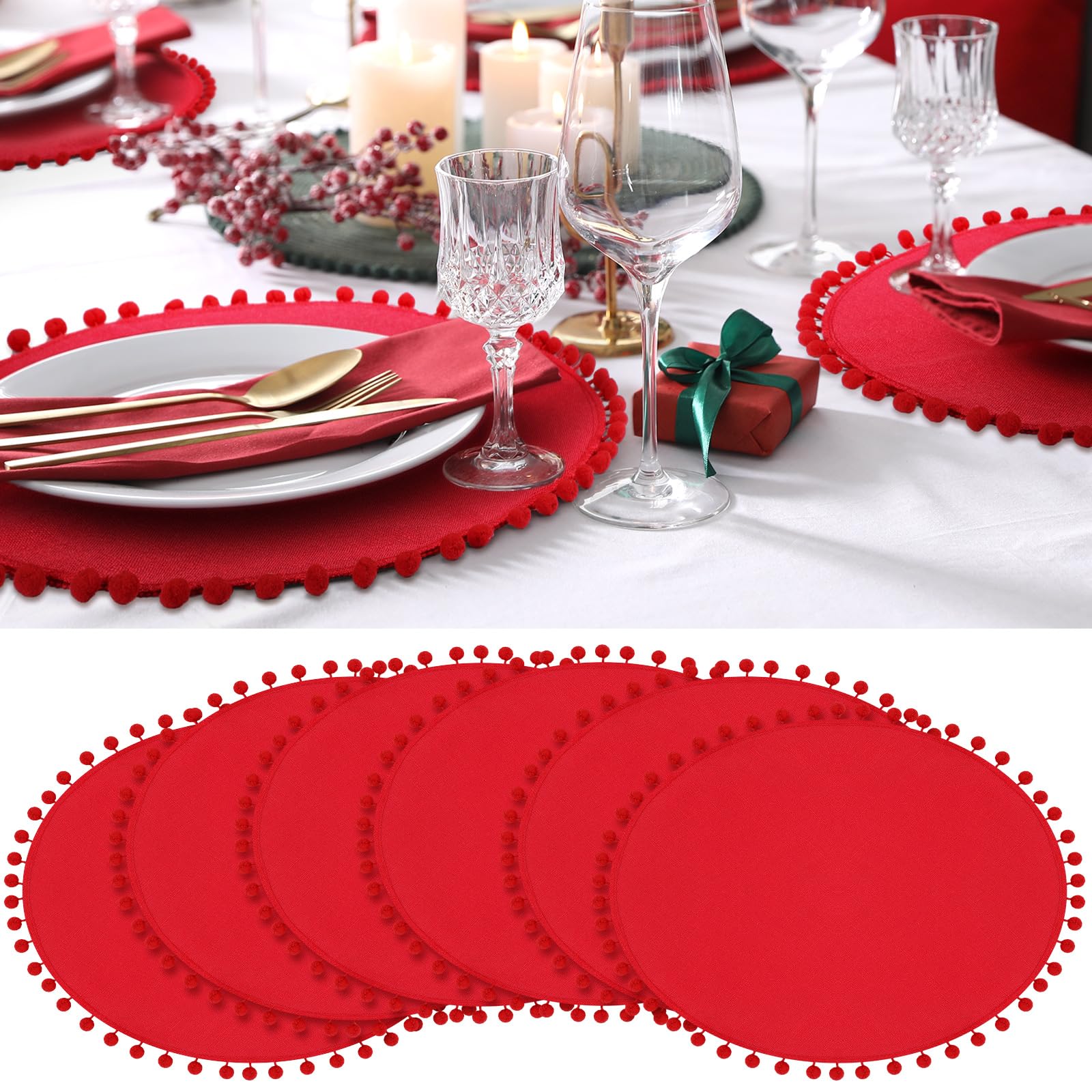 Amazon.com: Windkream 6 Pcs Red Placemats with Fluffy Balls Rustic ...