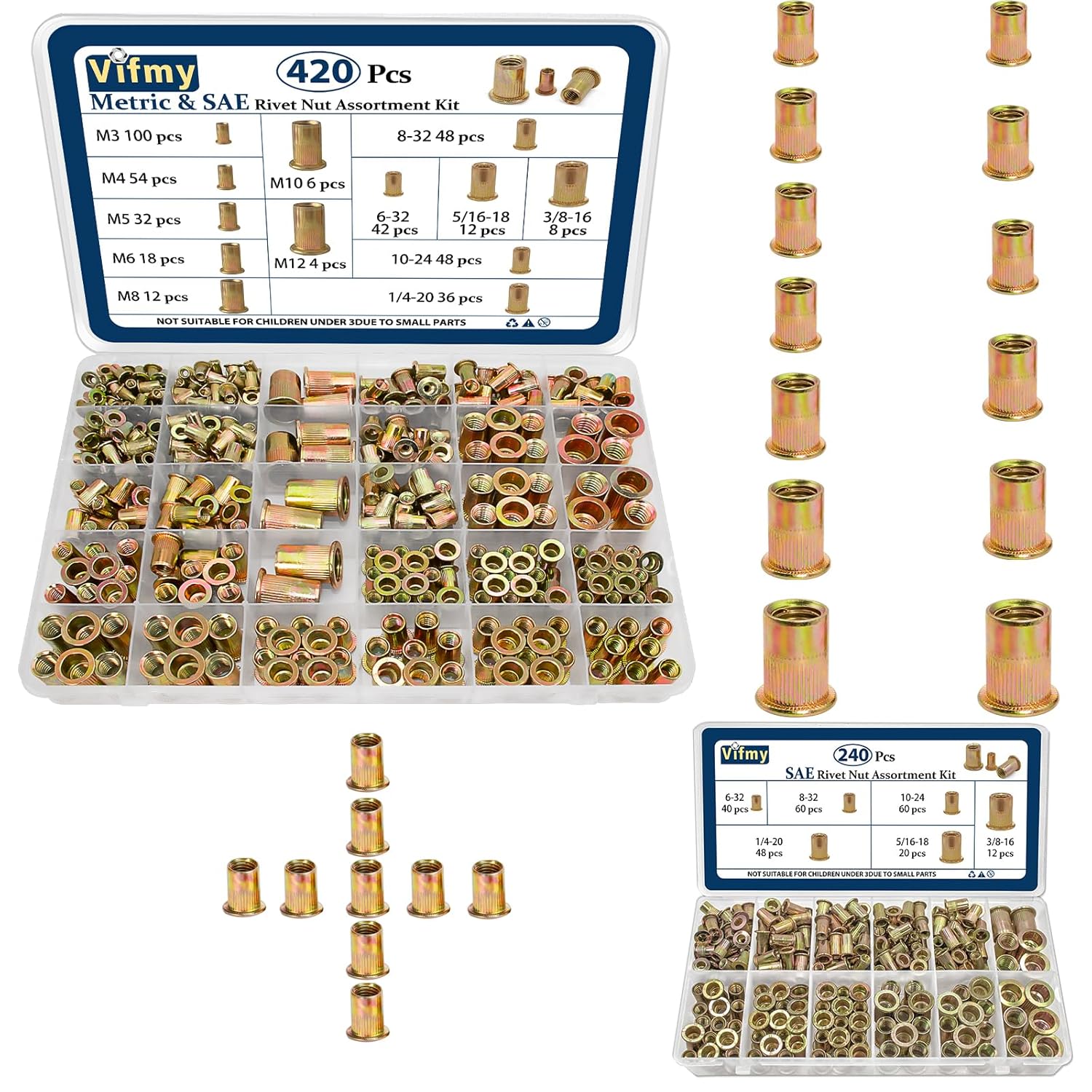 Vifmy 420 PCS Metric & SAE Rivet Nut Assortment Kit and 240 PCS SAE ...