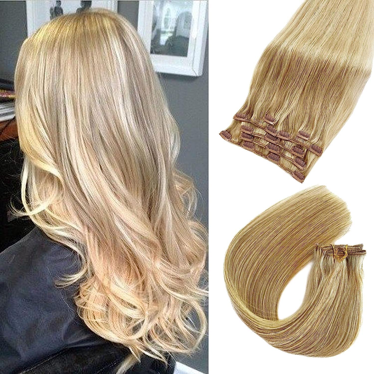 Amazon.com : Remy Clip in Hair Extensions Human Hair Blonde Highlights ...