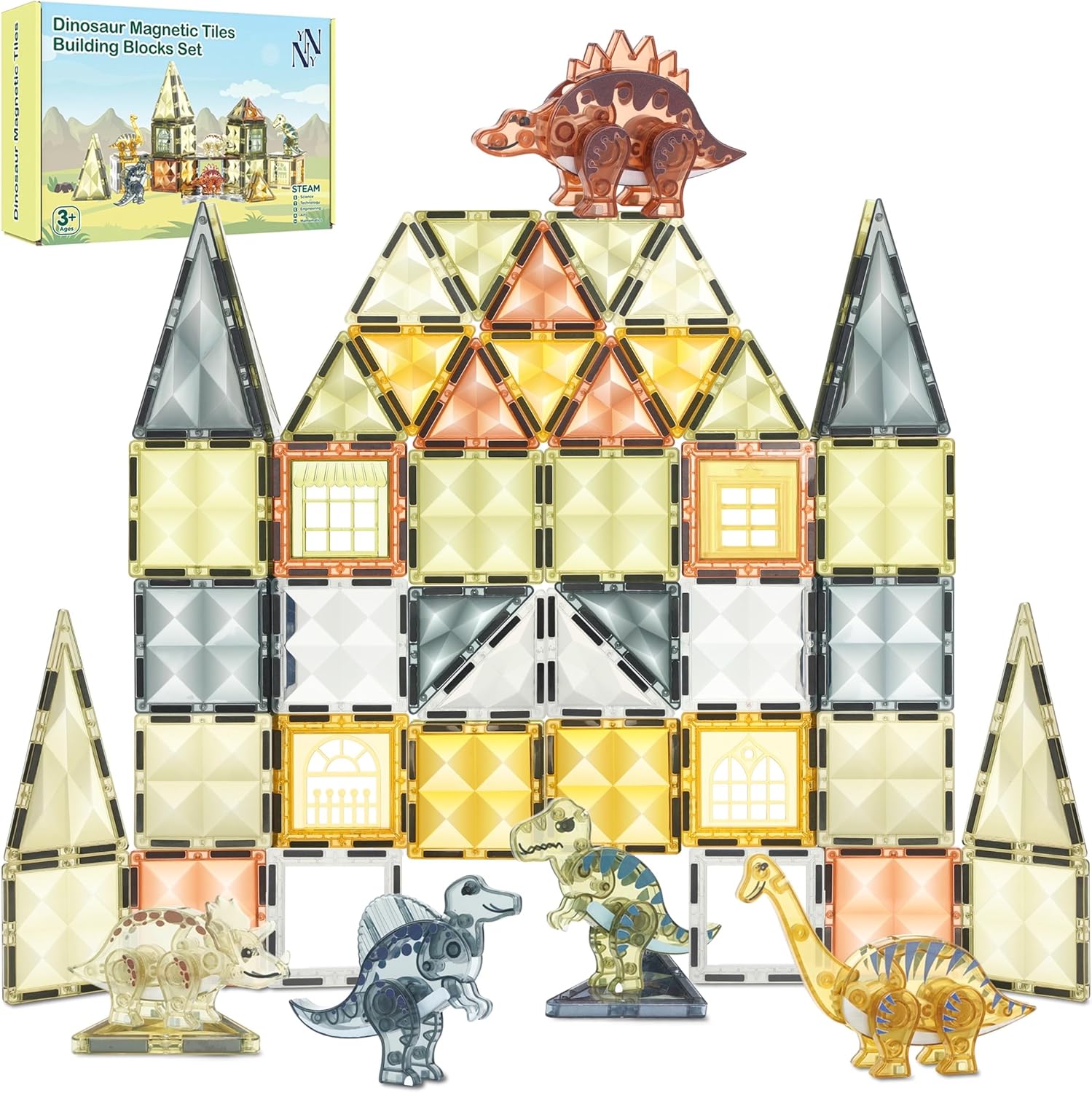 Amazon.com: Dinosaur Magnetic Tiles — 65pc Toddler Dinosaur Toy, Dino ...