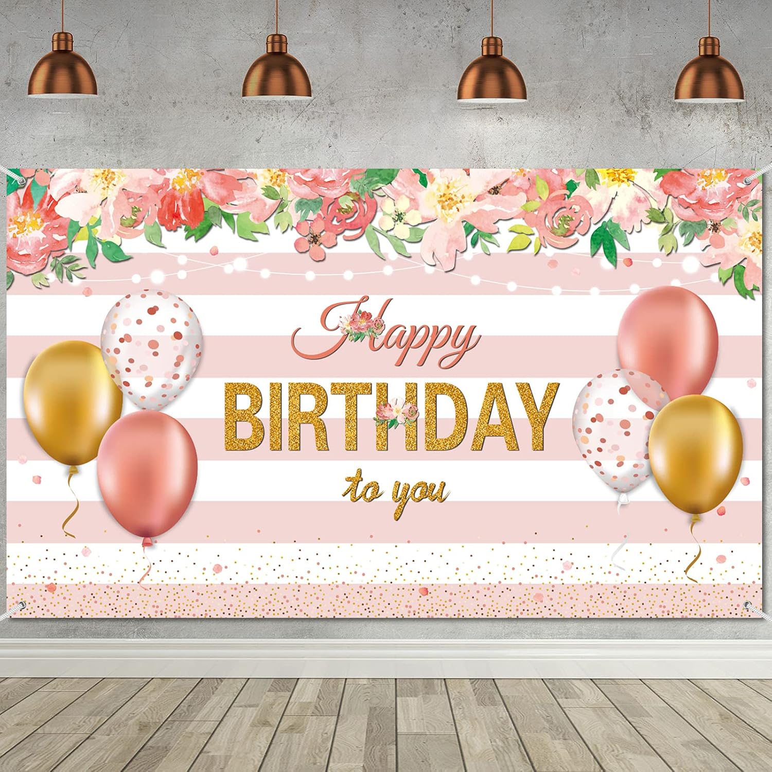Floral Happy Birthday Banner, Extra Large Watercolor Pink Rose White ...
