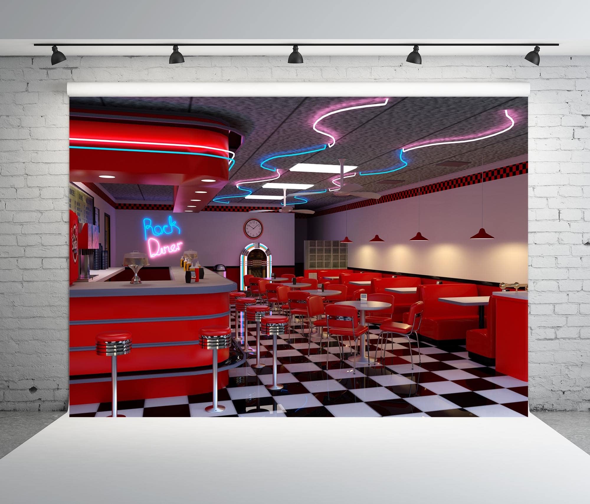 Amazon.com : BELECO 7x5ft Fabric Vintage 50s Diner Backdrop for ...