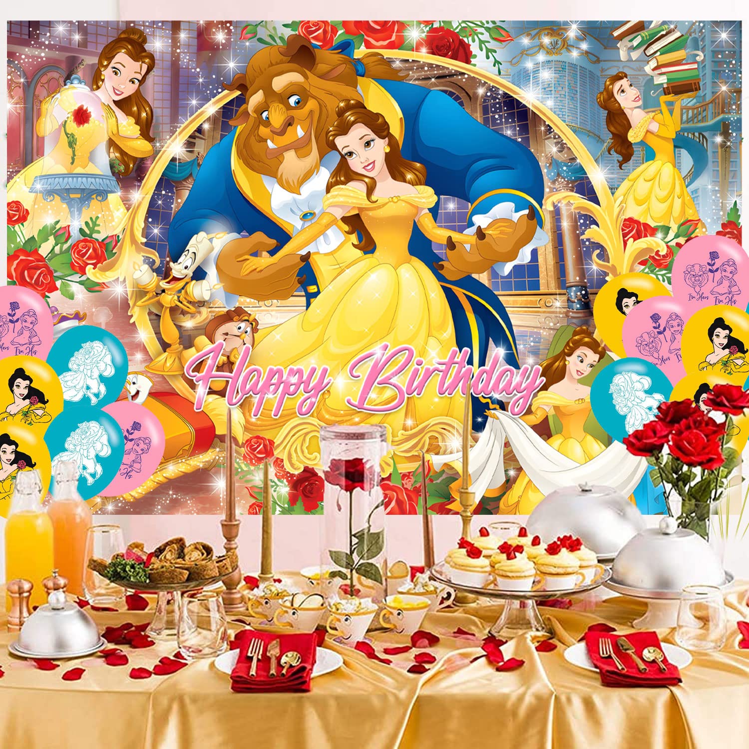 Snapklik.com : Beauty And The Beast Backdrop Birthday Banner For ...