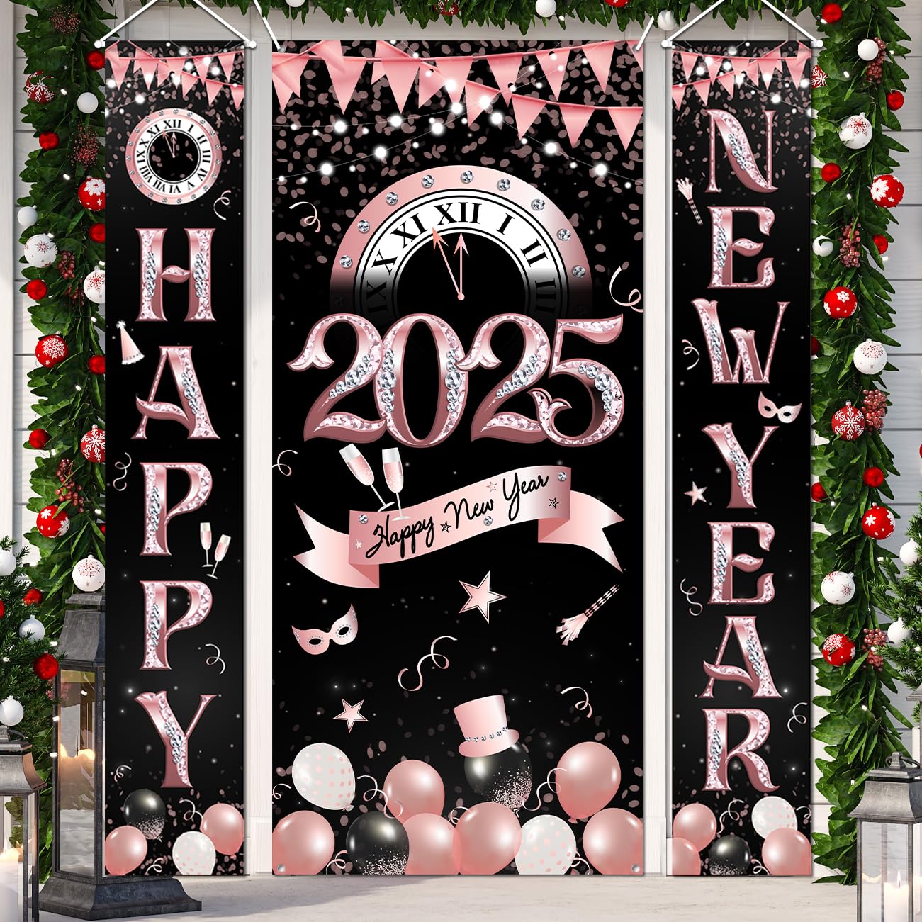 Amazon.com: 3PCS Happy New Years Banner,New Years Decorations 2025 Rose ...