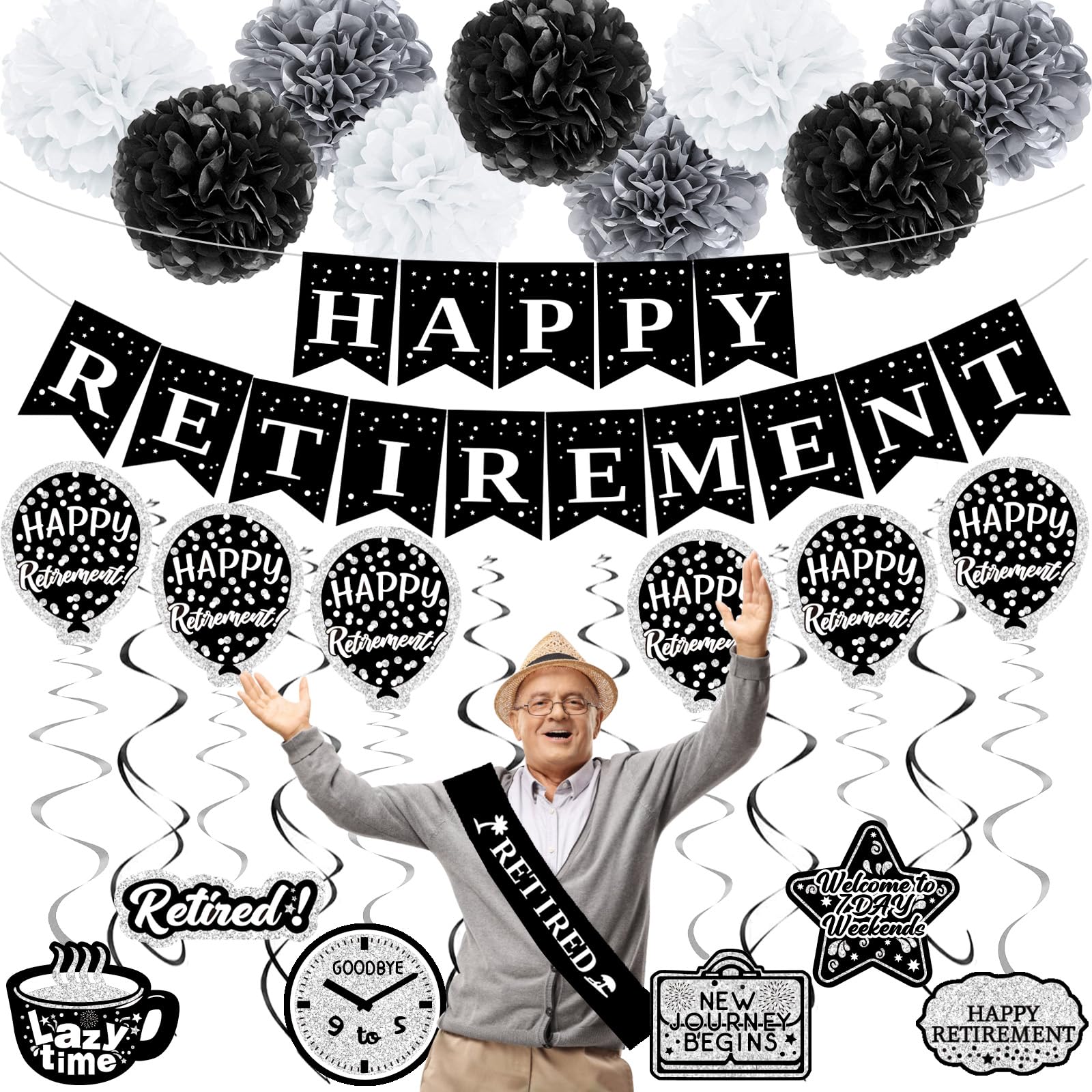 Amazon.com: Retirement Decorations Black Silver White, Happy Retirement ...
