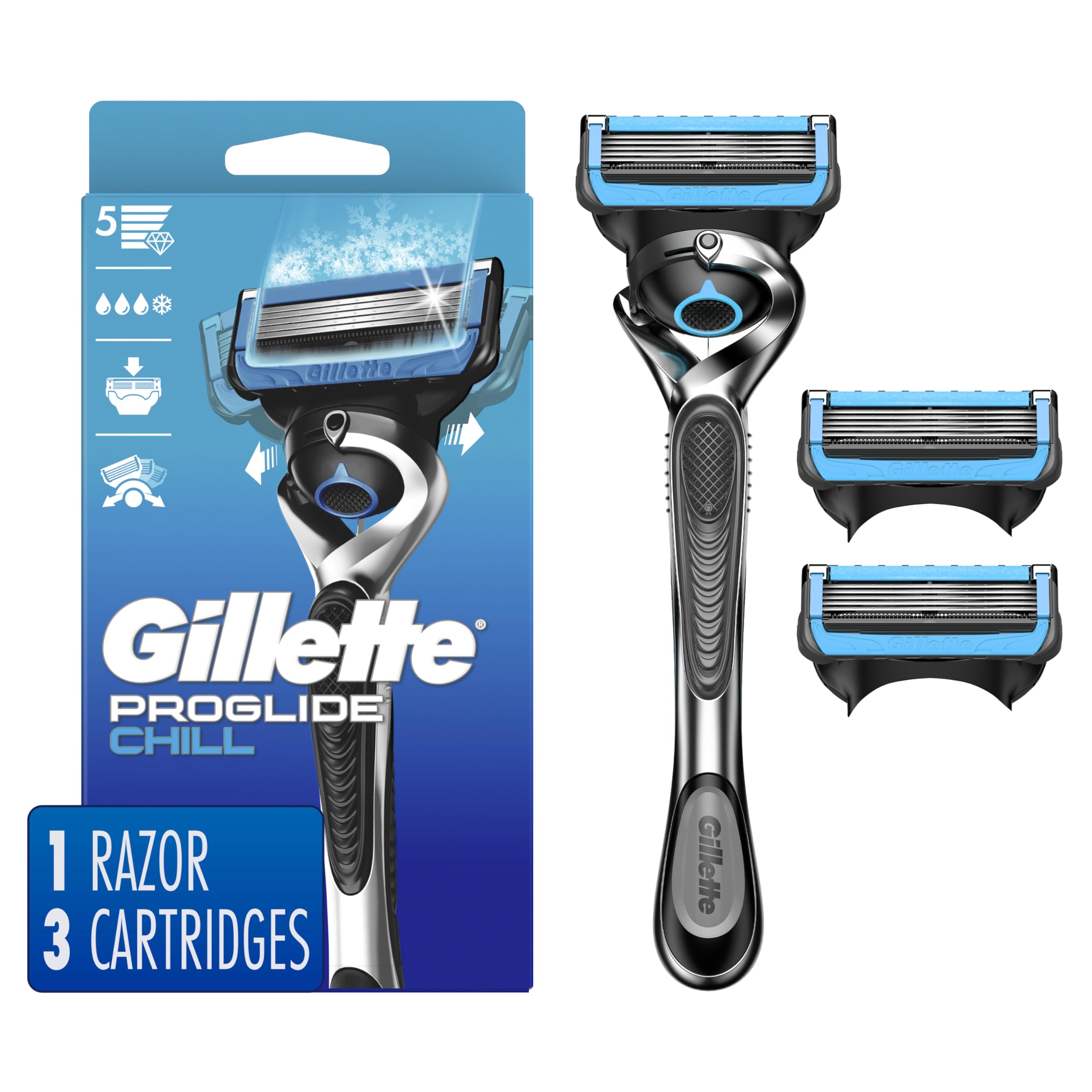 Gillette Proshield Chill Mens Razor Handle + 3 Blade Refills,Blue ...