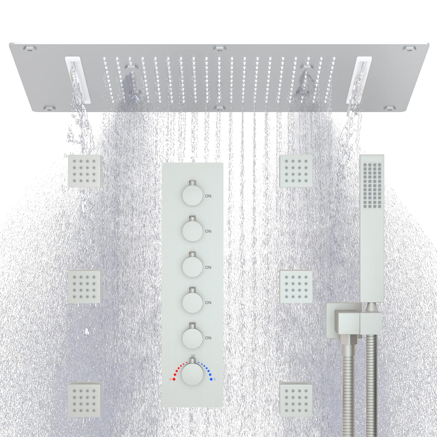 Thermostatic Full Body Shower System with 14.96 x 27.56inch 3 In 1 Rain ...