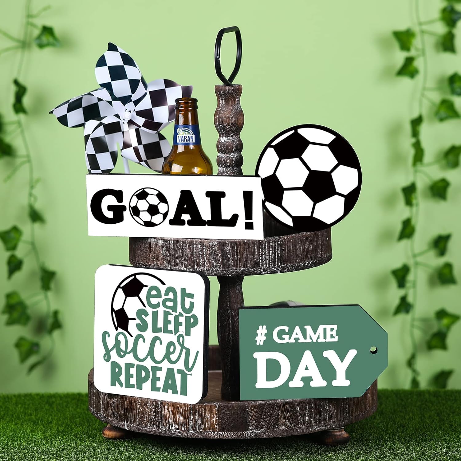 4 Pcs Soccer Tiered Tray Decorations Table Wooden Centerpiece Soccer ...