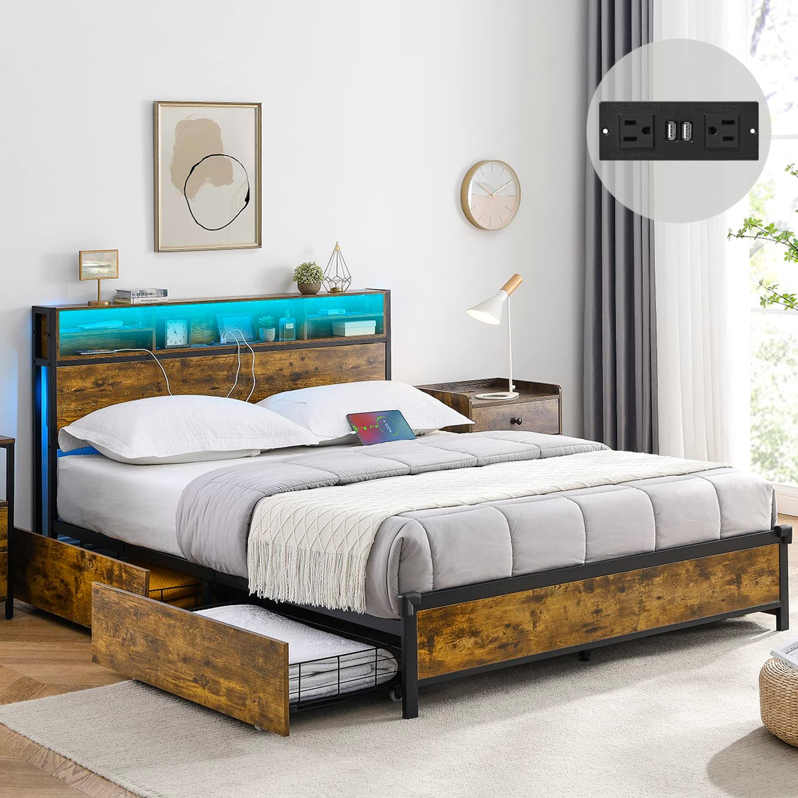 Amazon.com: Alohappy Queen Bed Frame with Drawers, LED Bed Frame with ...