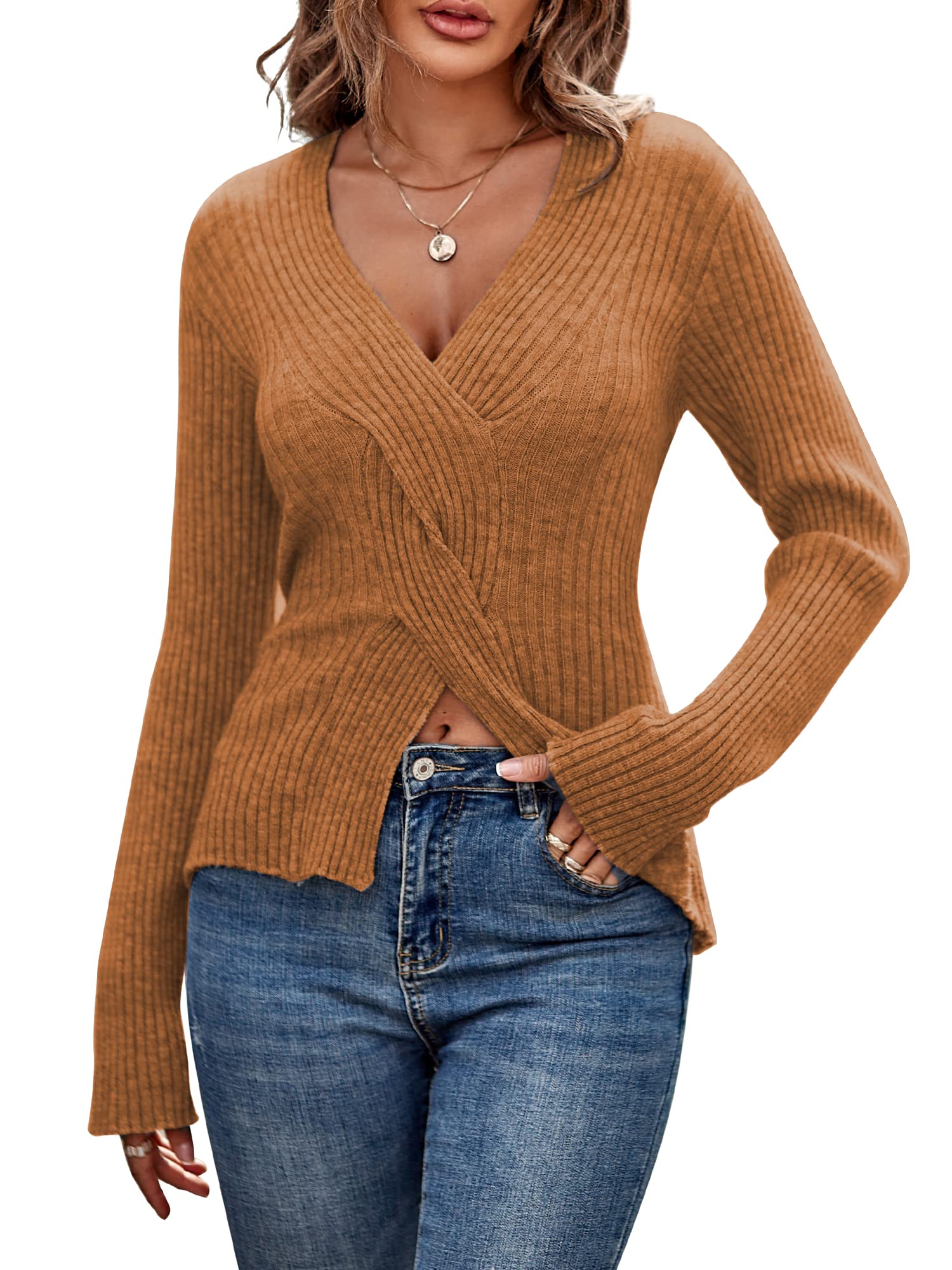 ZAFUL Women's Criss Cross V Neck Sweaters Front Slit Ribbed Knit ...