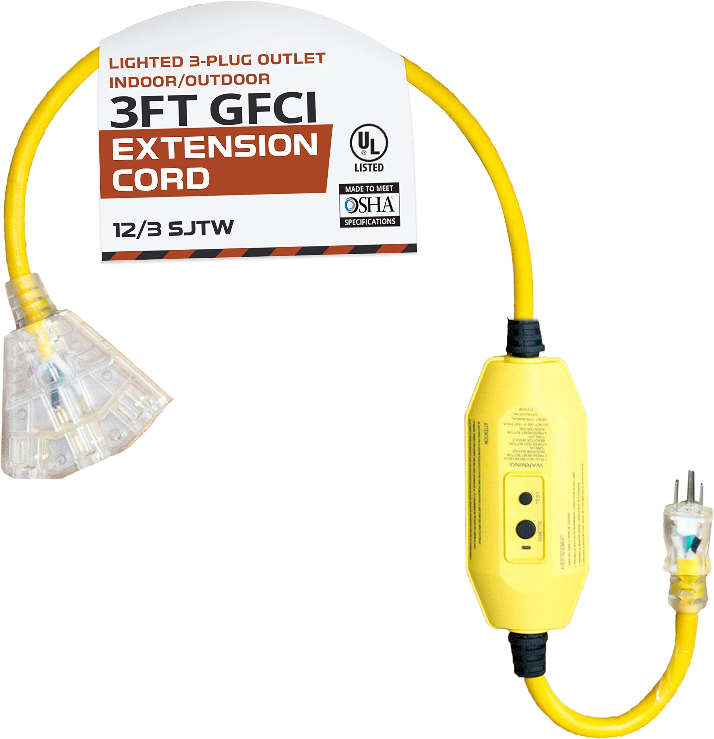 3 Foot Lighted Outdoor GFCI Extension Cord with 3 Electrical Power ...