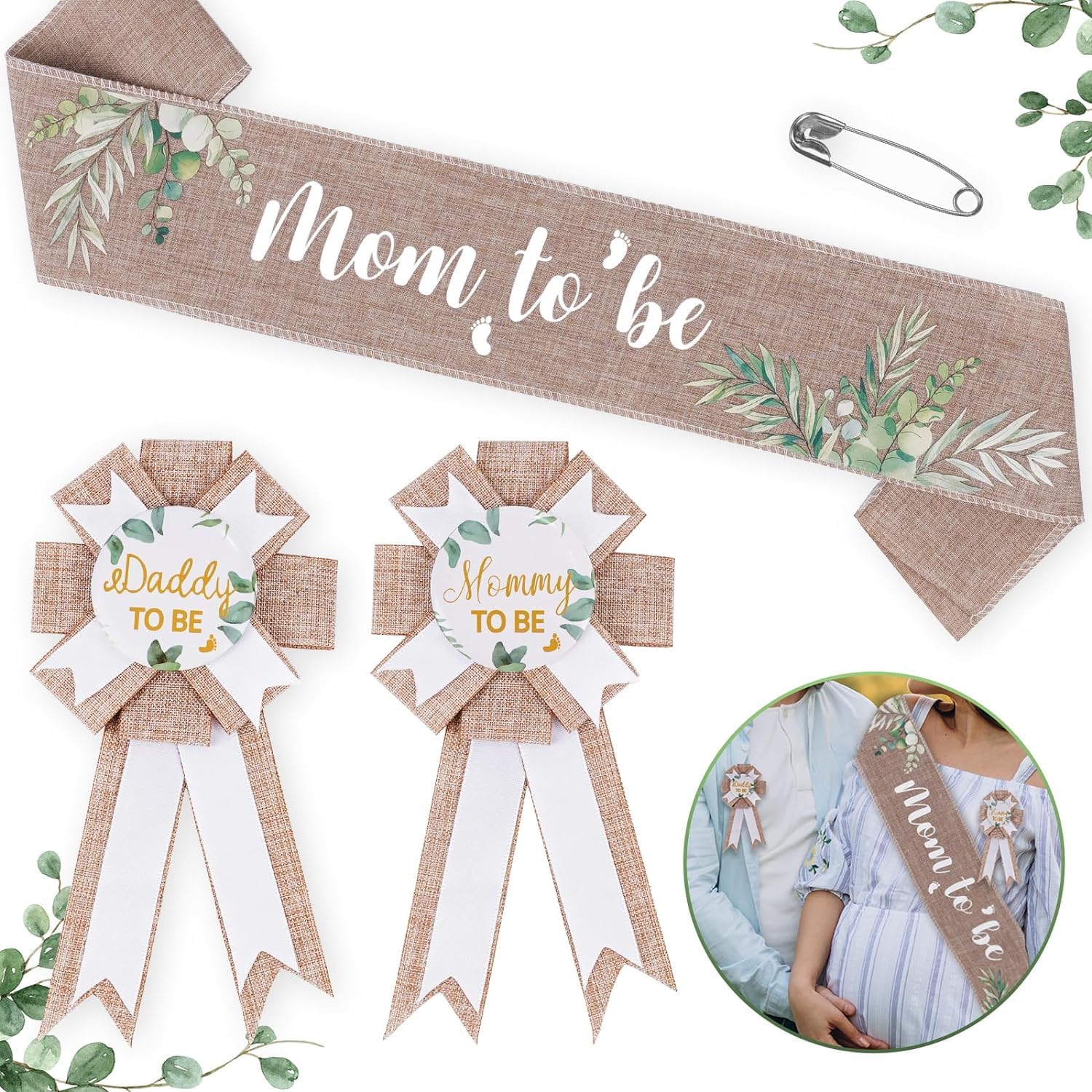 Amazon.com: Neutral Burlap Mom to Be Sash Dad to Be Pin Baby Shower ...