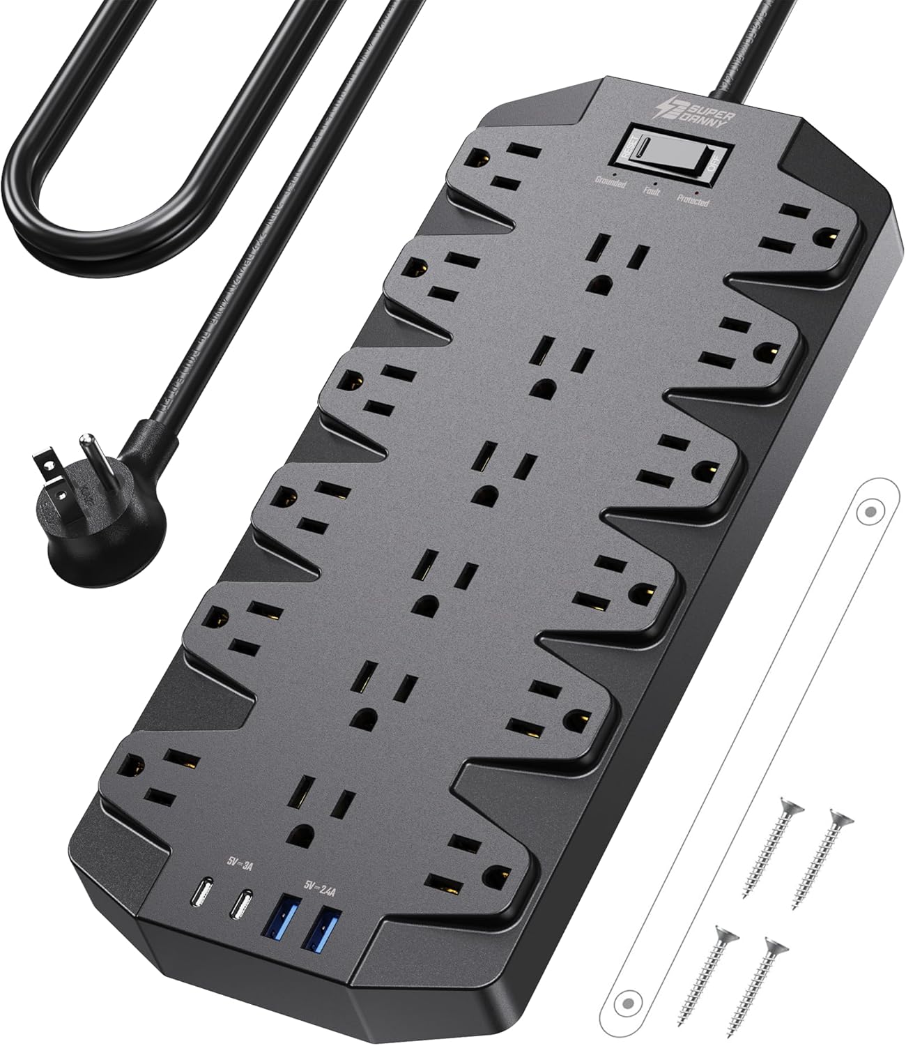 Power Bar with Surge Protector, SUPERDANNY 18 Widely-Spaced AC Outlets ...