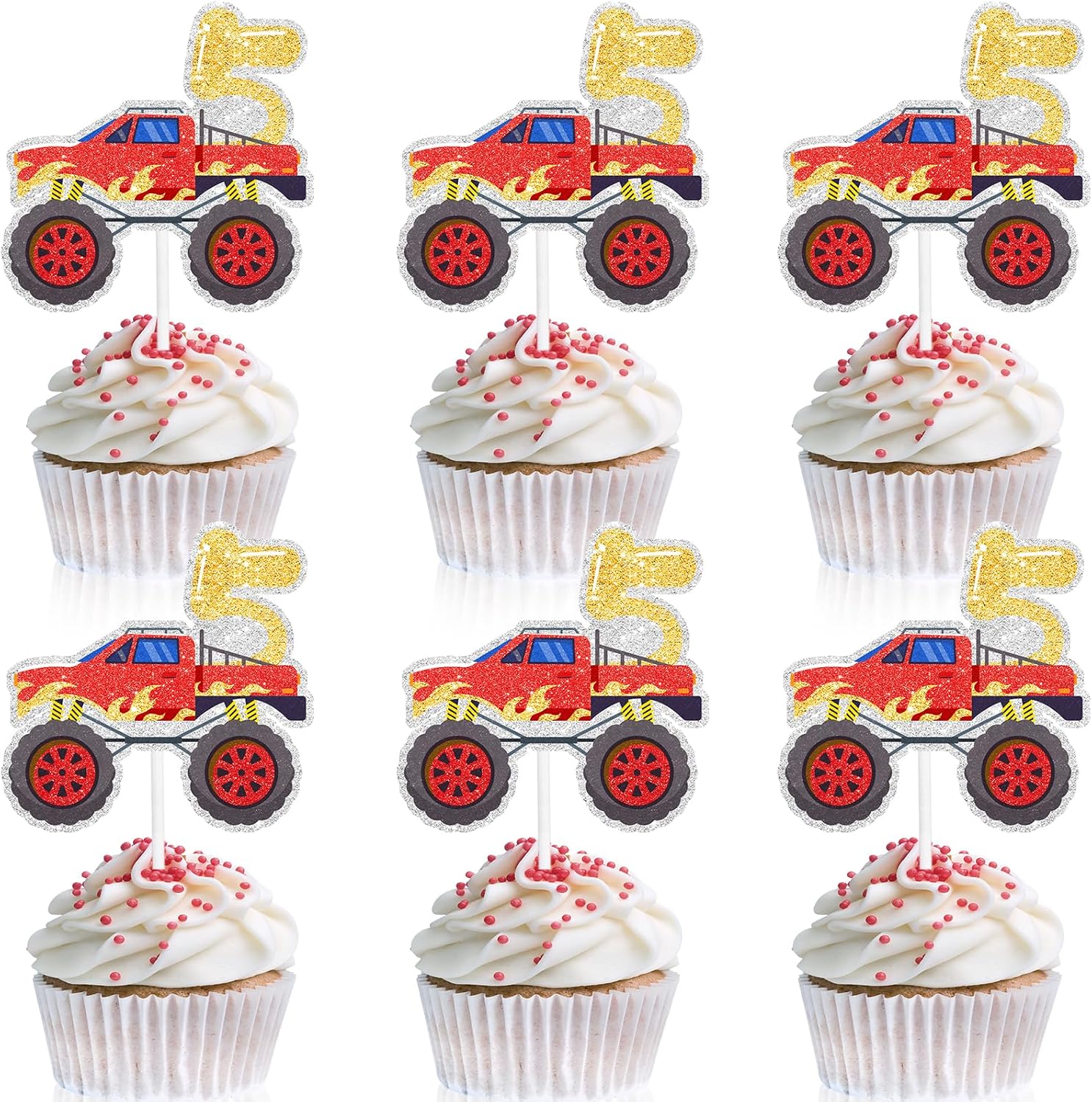 Amazon.com: 18 Pieces Big Wheel Truck Cupcake Toppers Kids 5th Birthday ...