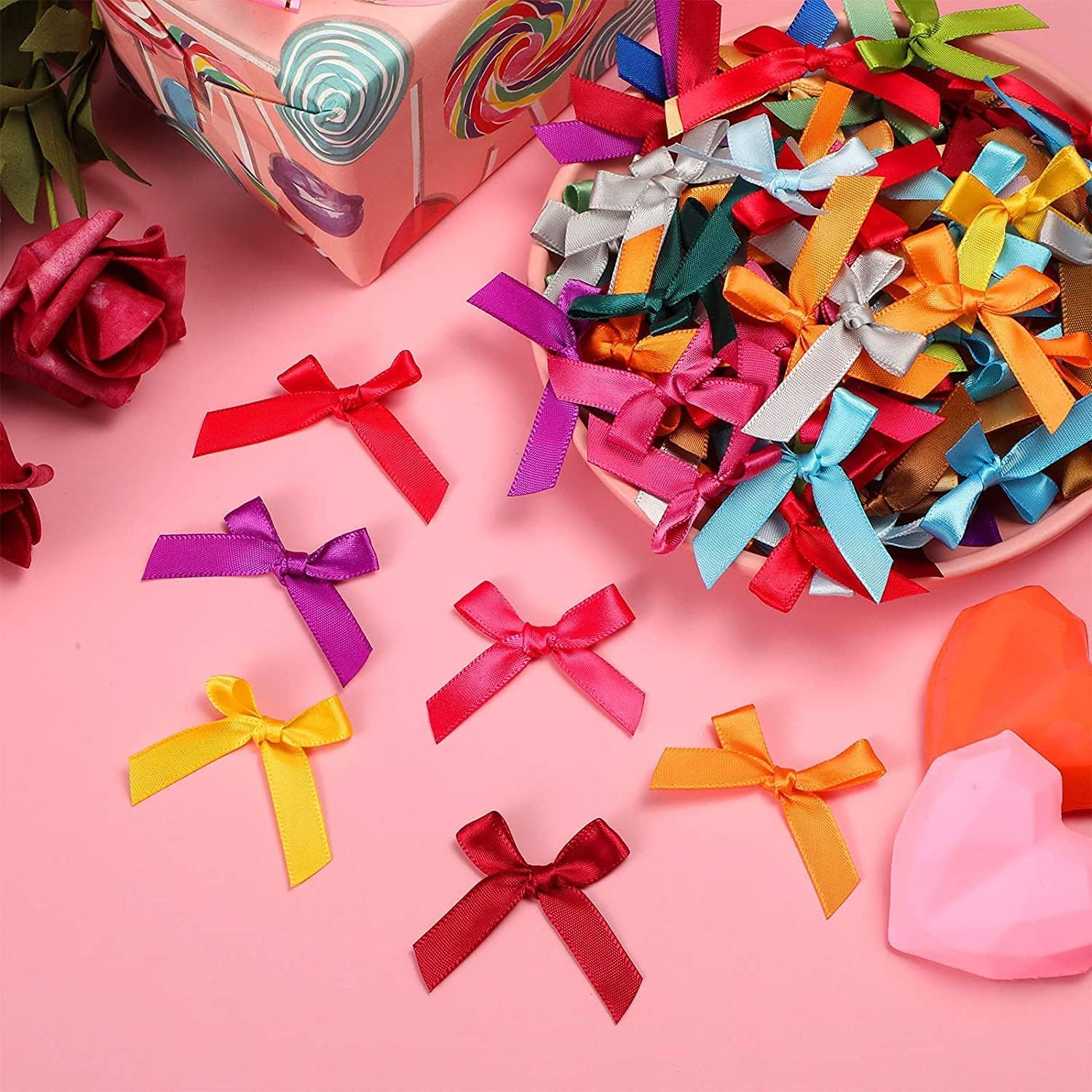 100 pcs Mini Ribbon Bows, Double Sided Satin Multicolored Ribbon Bows ...