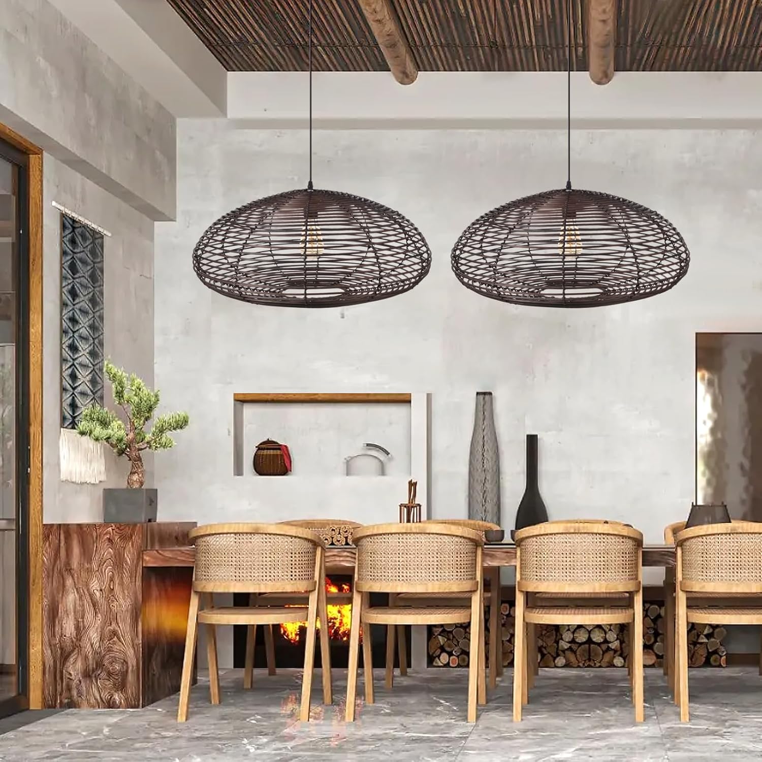 Arturesthome 1 Light Round Rattan Pendant Light, Boho Wicker Chandelier ...