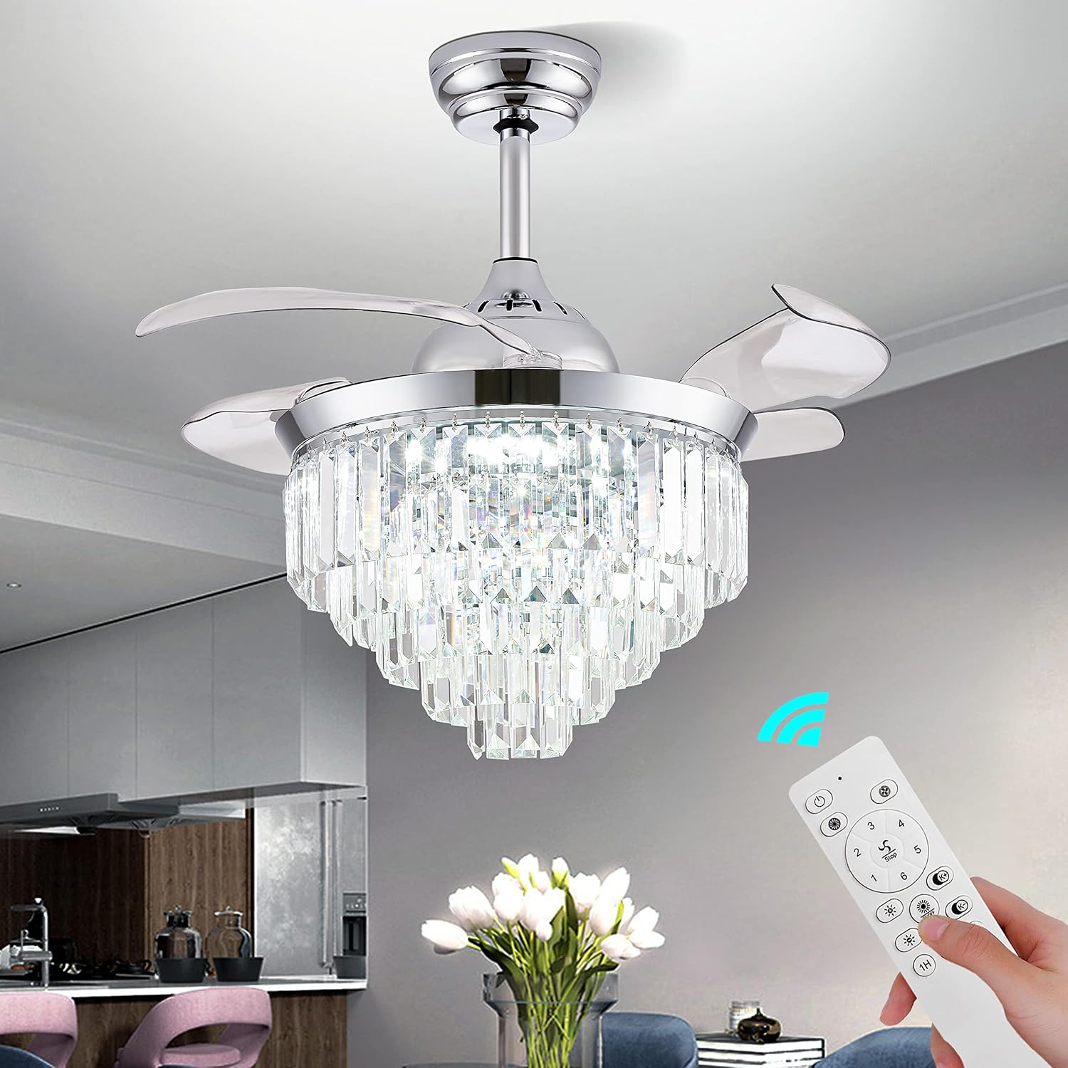 Finktonglan Dimmable Crystal Fandelier Ceiling Fan with Light and ...