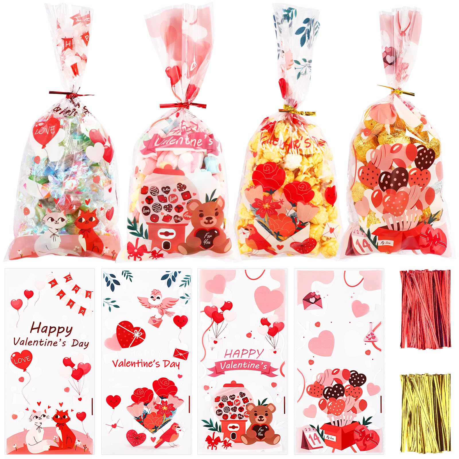 Amazon.com: JULBEAR Valentines Cellophane Bags, 180Pcs Valentine's Day ...