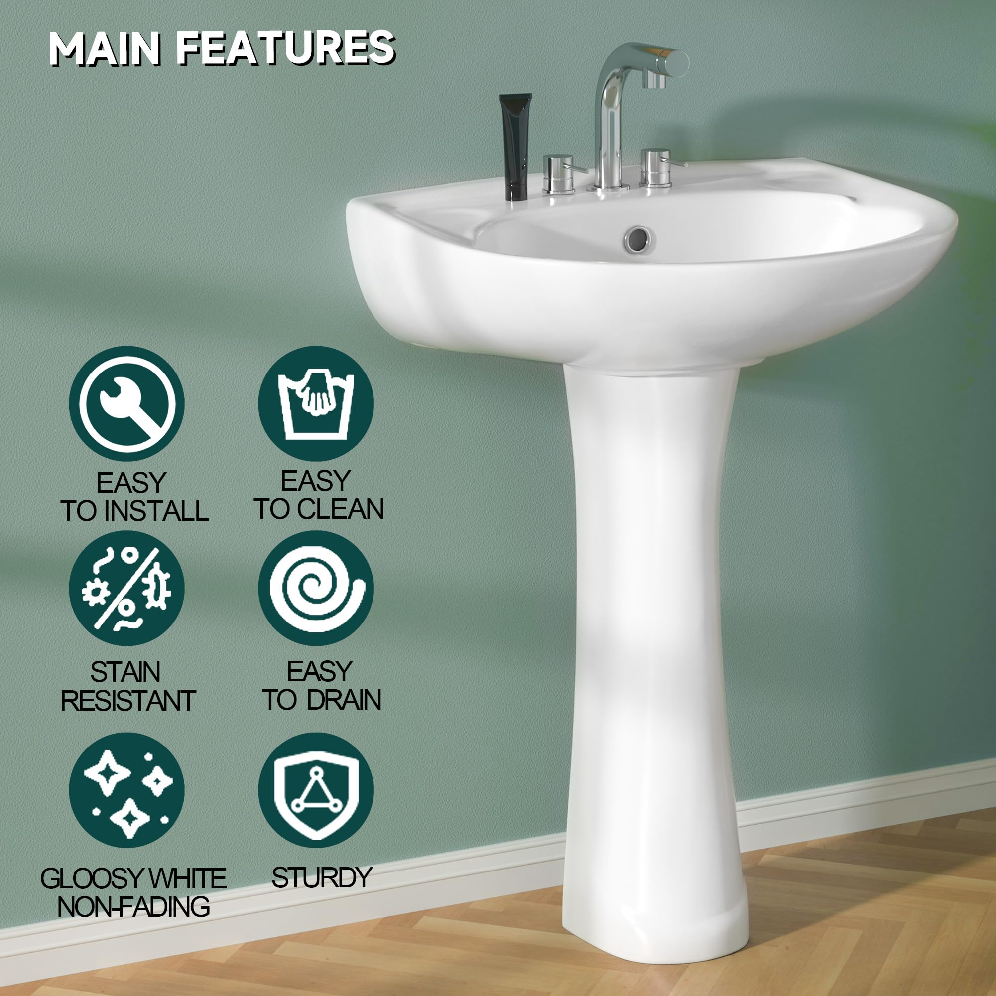 Snapklik.com : Miuara Pedestal Sink 21 Inch - 3 Hole Porcelain Pedestal ...