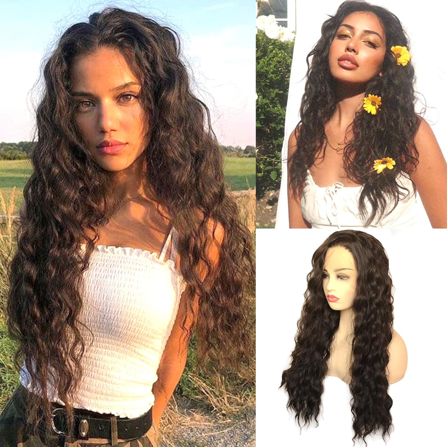 Amazon.com : BLUPLE Dark Brown Lace Front Wigs Pre Plucked Long Curly ...