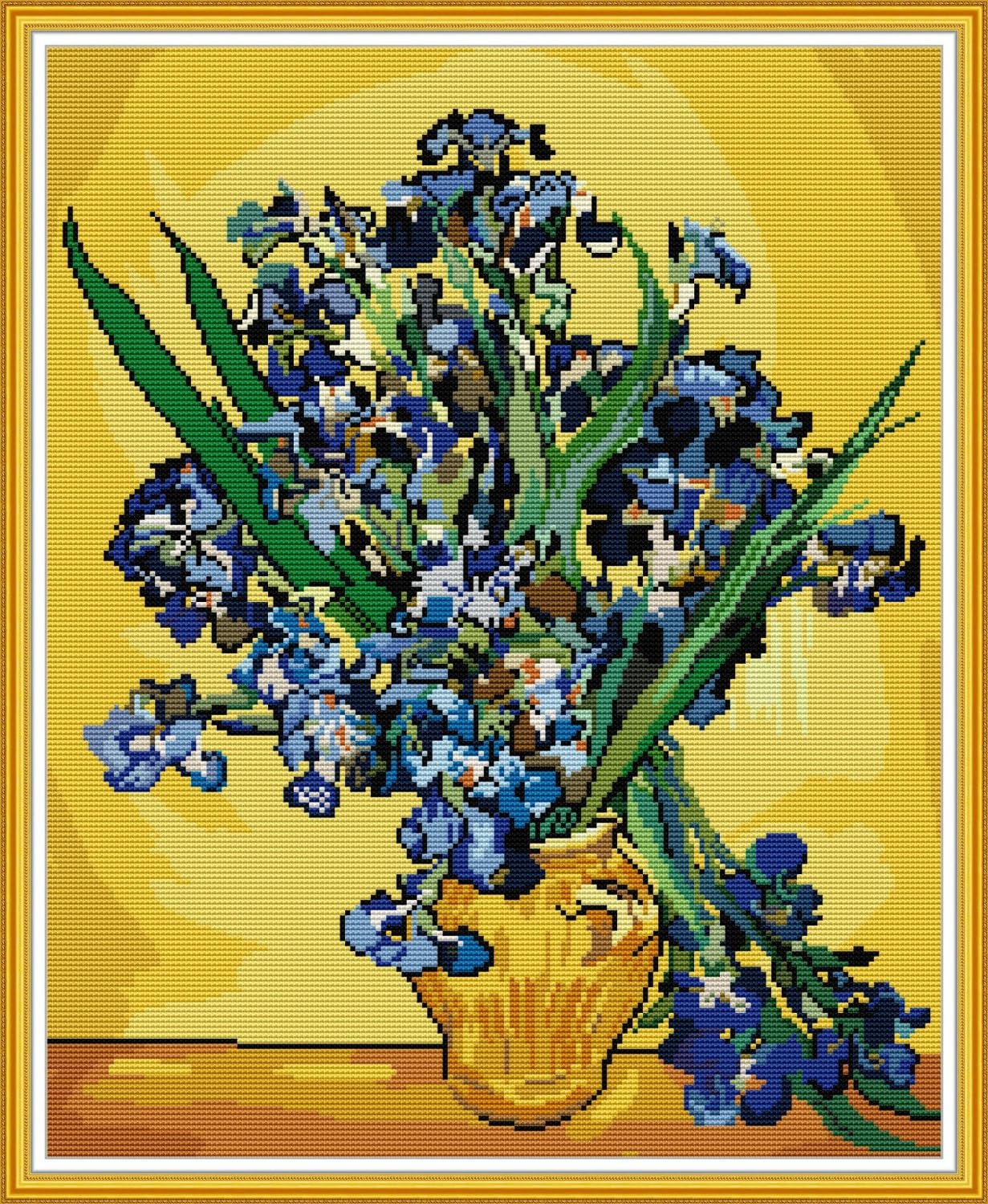 IUHUI 14 Count Stamped Cross Stitch Kits for Beginners Adults, Still Life Iris of Van Gogh Pre ...