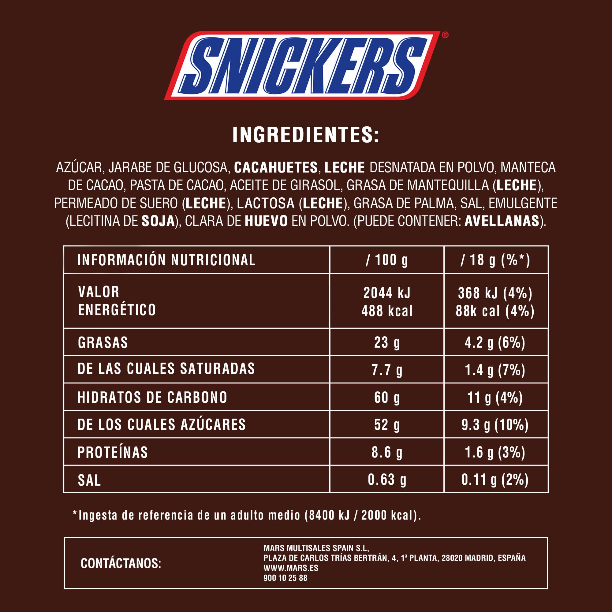 Snickers Datos Nutricionales Ingredientes