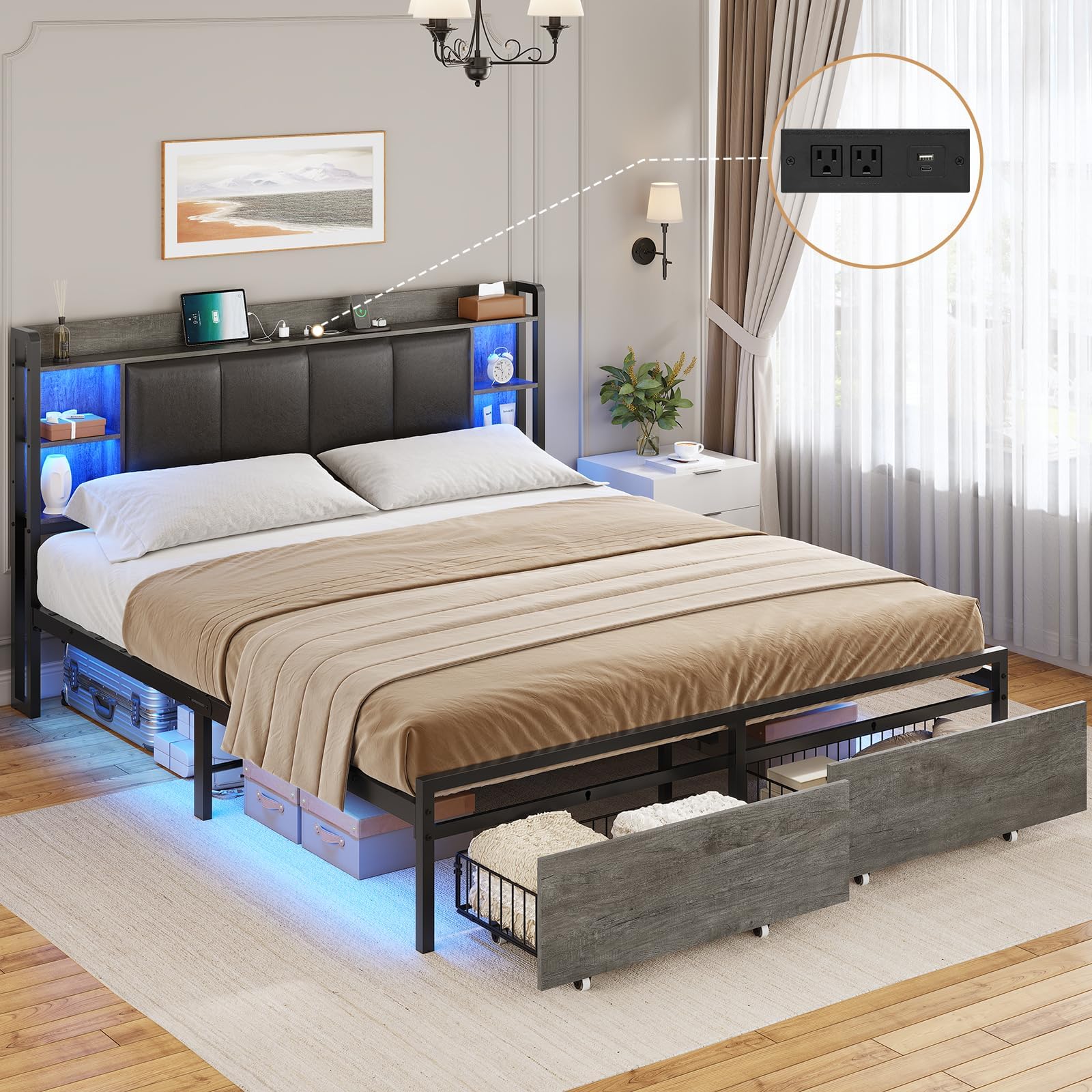 Amazon.com: Harper & Bright Designs Full XL Bed Frame with LED ...