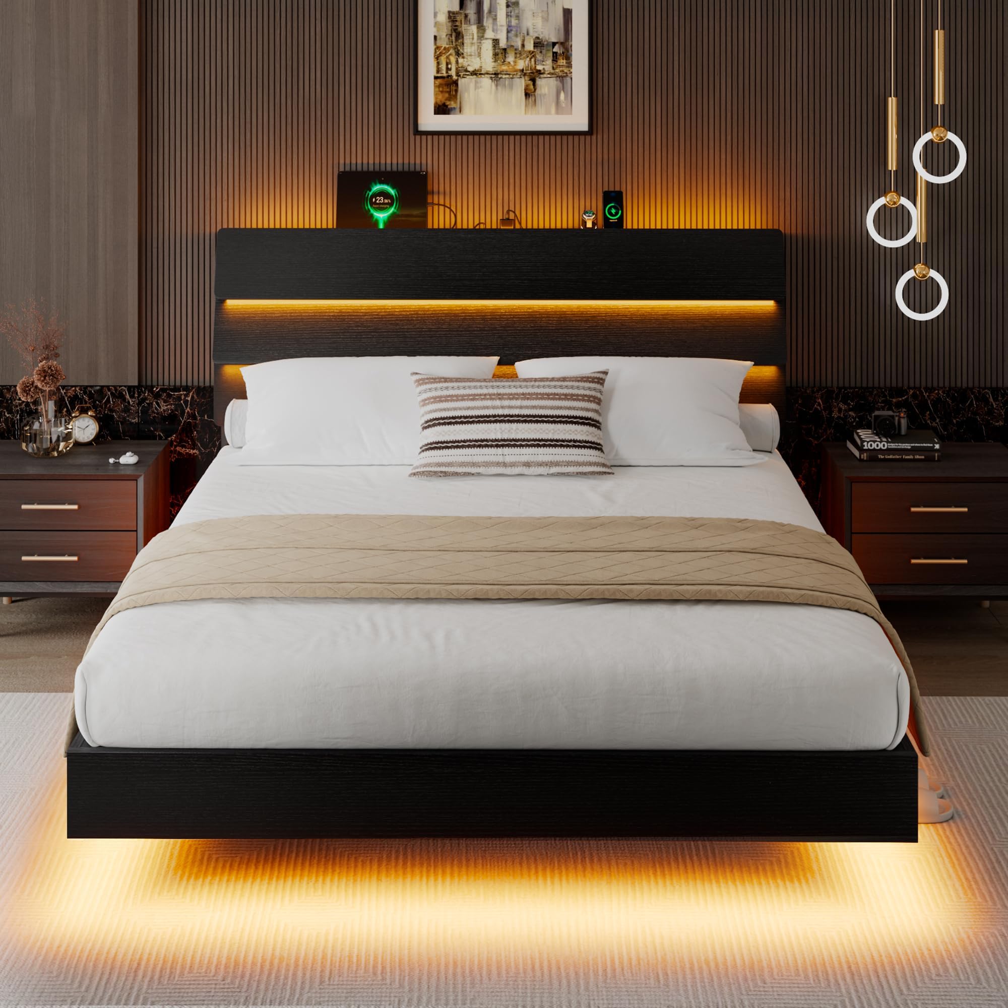 Amazon.com: HAUOMS Queen Floating Bed Frame with Storage Headboard ...
