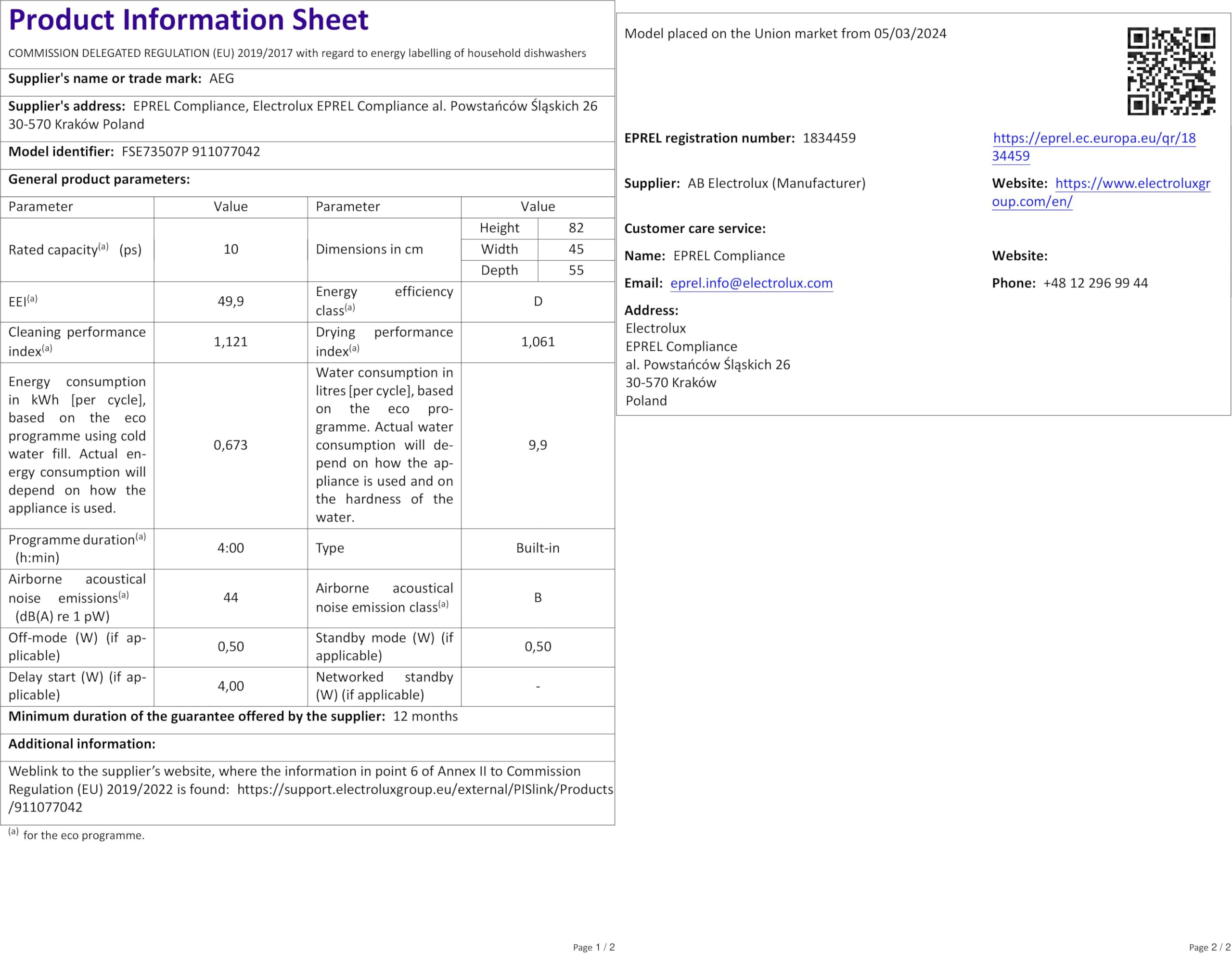 AEG 6000 SatelliteClean Built-In Slimline Dishwasher FSE62407P, 45 cm ...