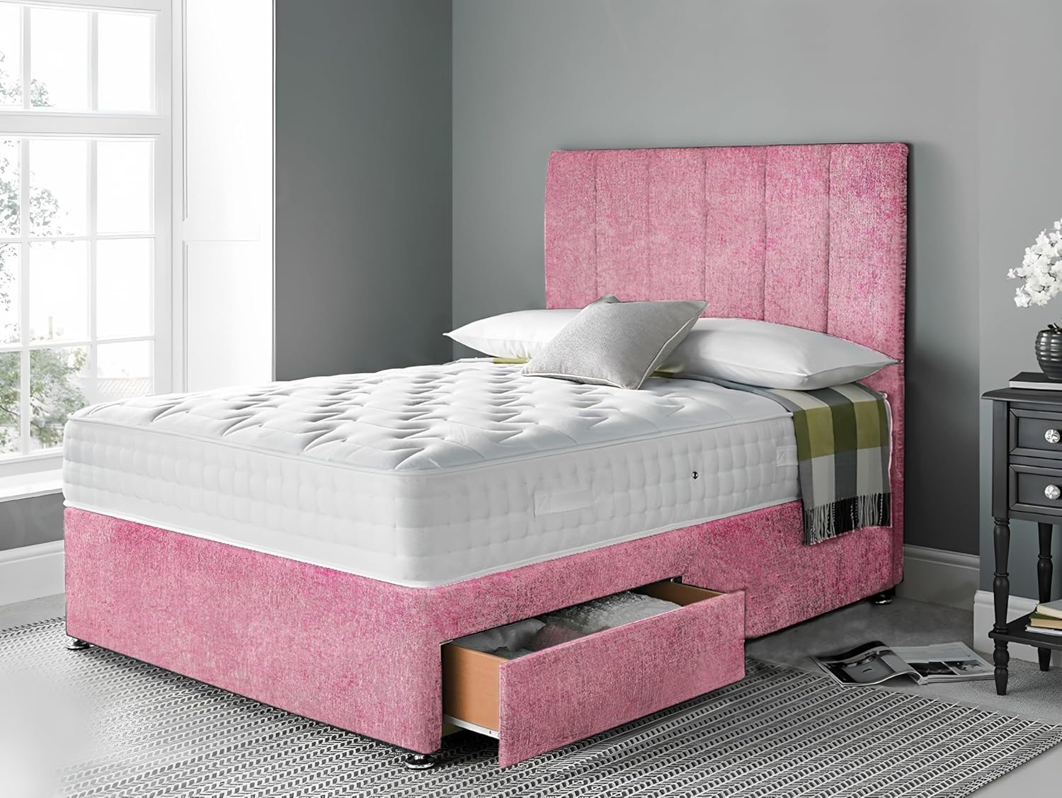 DBZ BEDS 4 FT 6 Double Bed Set with 2000 Series Mattress - Pink Crushed ...