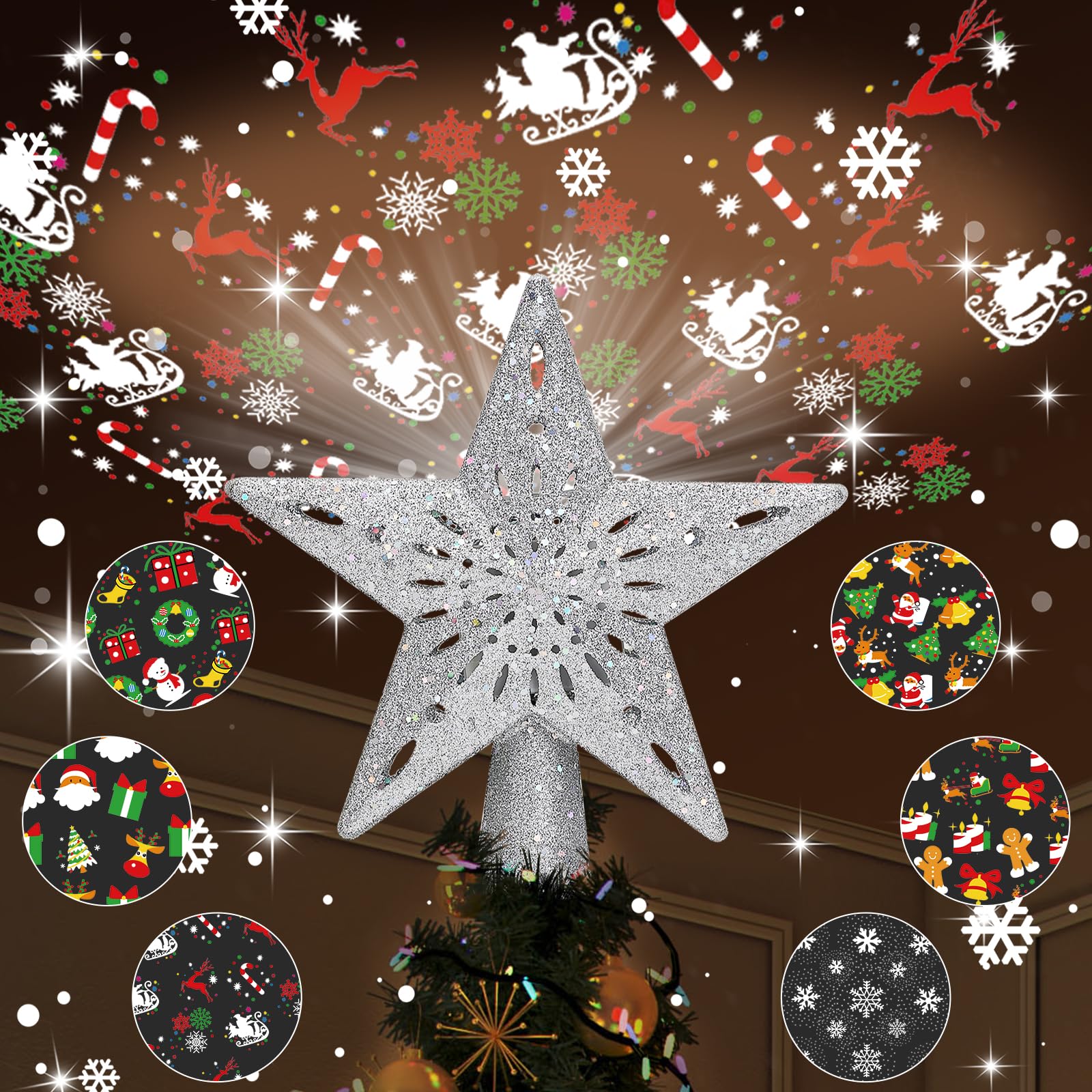 Christmas Tree Topper Lighted with 6 Pattern Projection Patterns ...