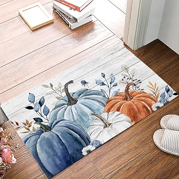 Amazon.com: Thanksgiving Door Mat, Blue White and Orange Pumpkin Fall ...