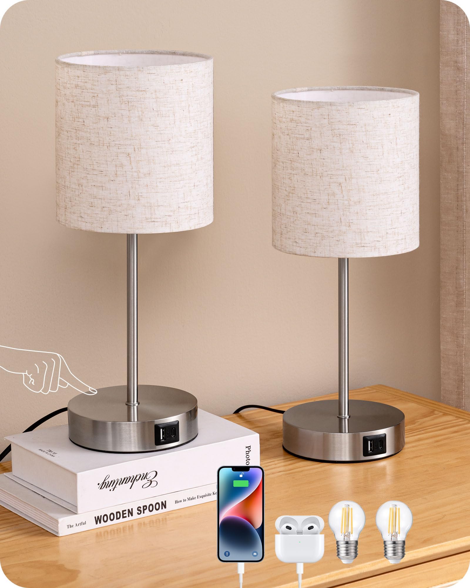 EDISHINE Table Lamps Set of 2, Dimmable Touch Bedside Lamps, Small ...