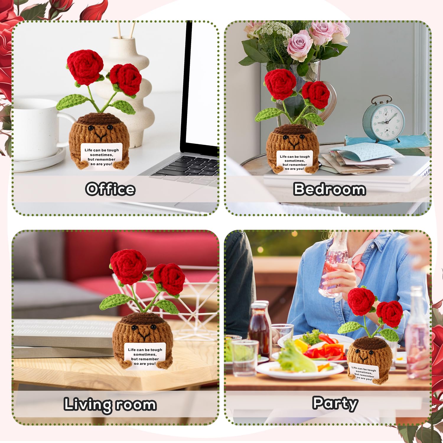 Crochet Flower Positive Rose Pot - With Encouragement Card Emotional ...