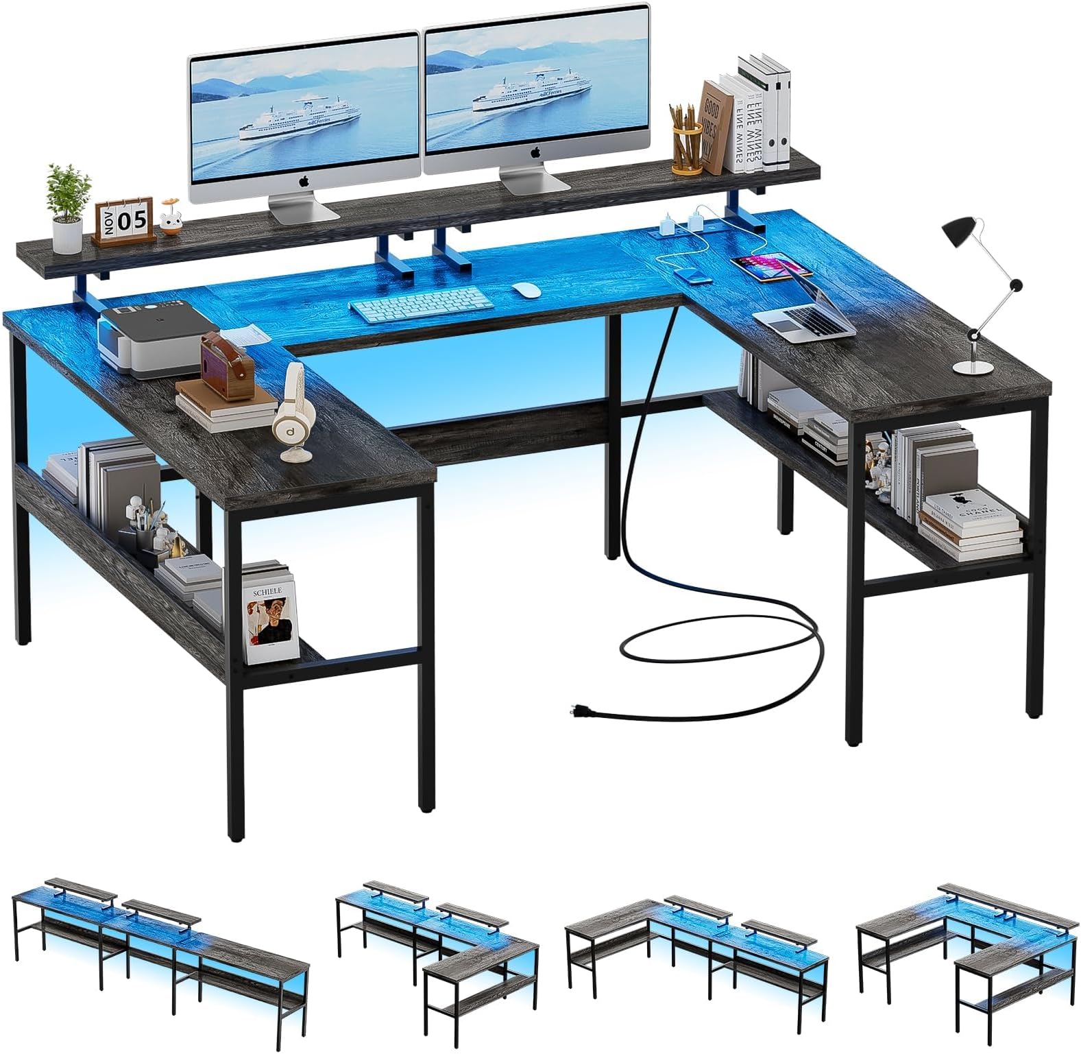 Amazon.com: Unikito Reversible L Shaped Desk with Power Outlets and RGB ...