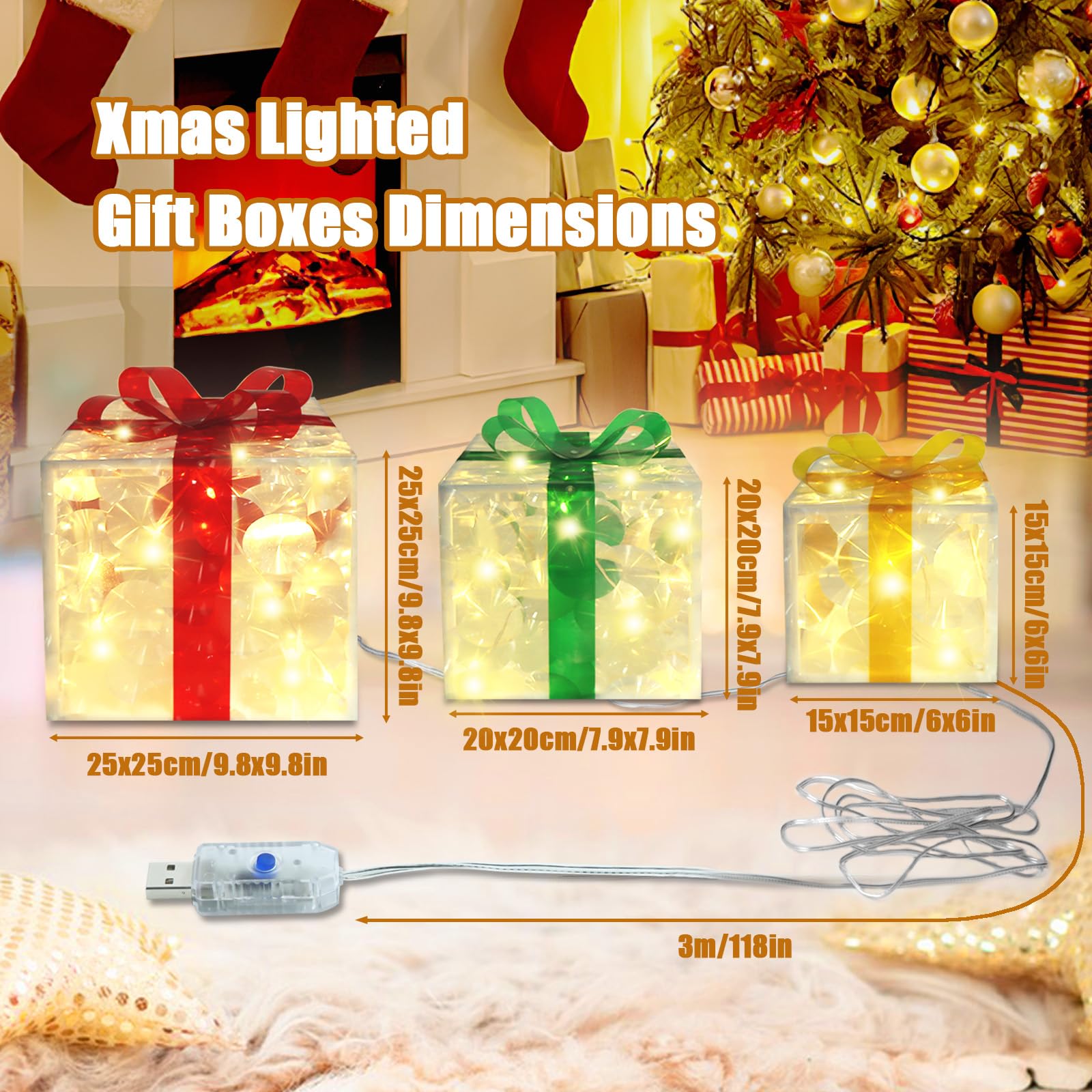 hzuisst Light Up Gift Boxes, Set of 3 Christmas Lighted Gift Boxes with ...