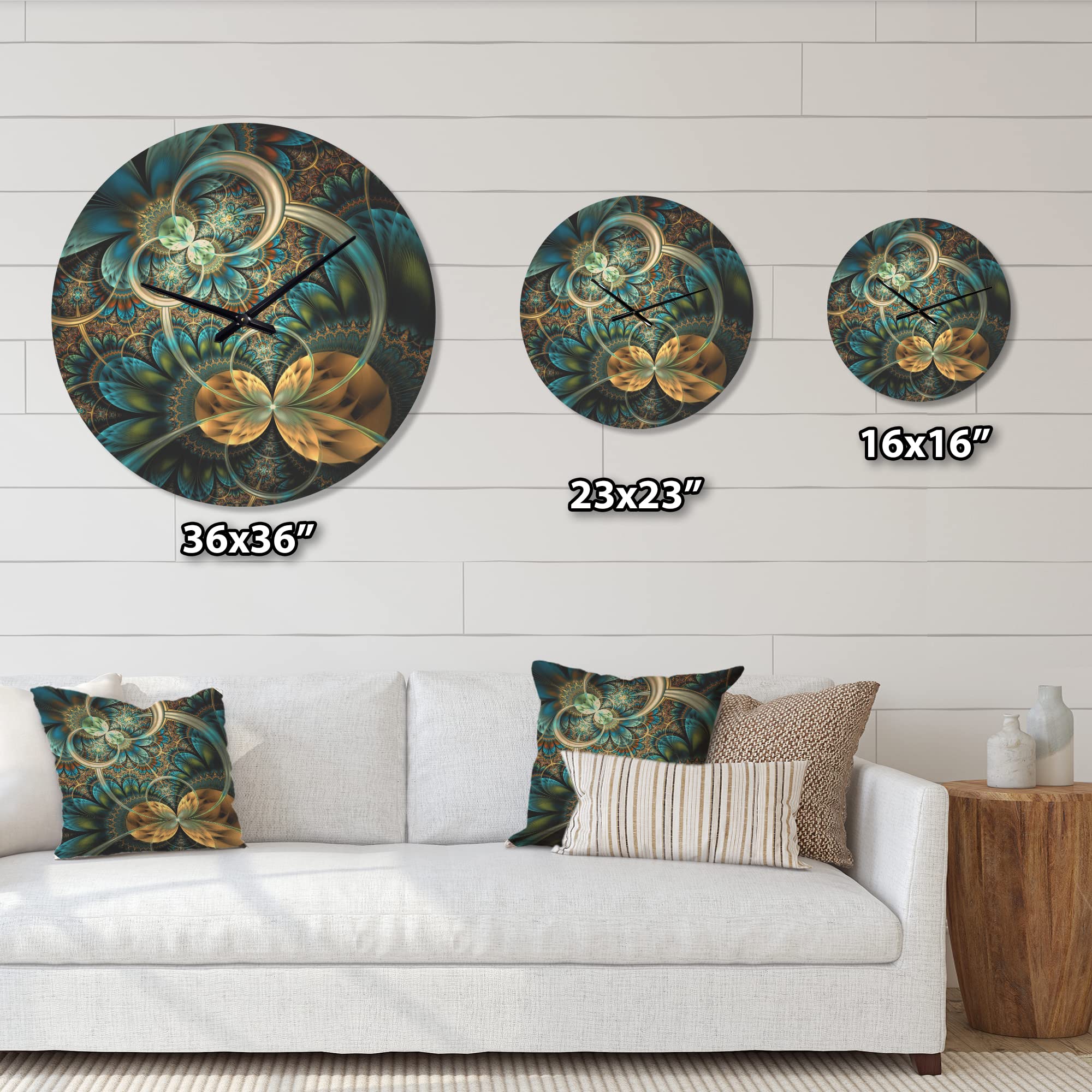 DesignQ 'Symmetrical Gold Blue Fractal Flower' Modern Wood Wall Clock ...