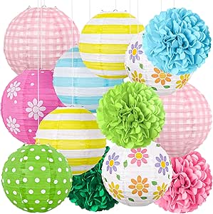 Amazon.com: 13Pcs Spring Decor Paper Lanterns Pom Poms - Spring Party ...