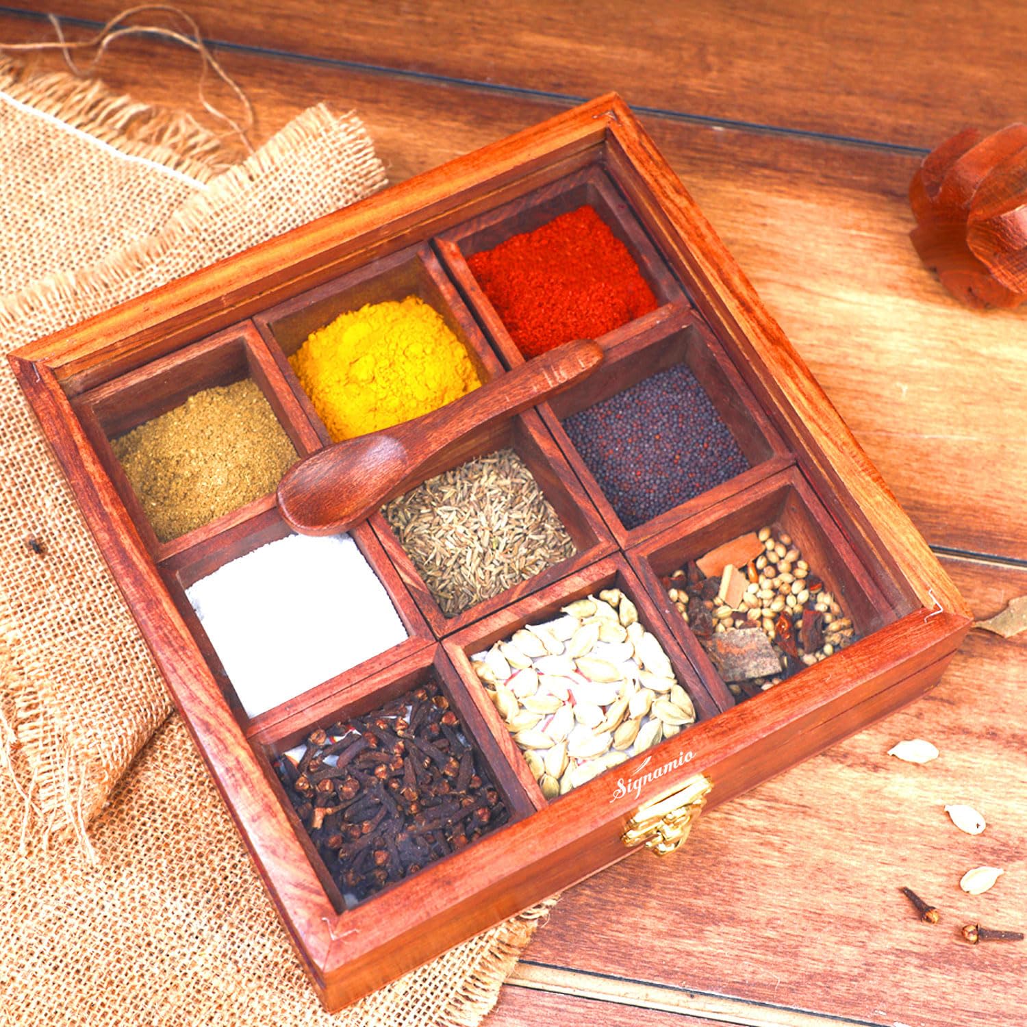 SIGNAMIO® Square Wooden Spice anjarai popula Masala Box Organizer 9 ...