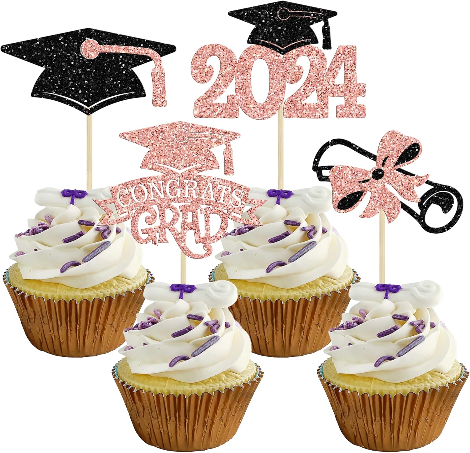 Amazon.com: Gyufise 24Pcs 2024 Graduation Theme Cupcake Toppers Glitter ...