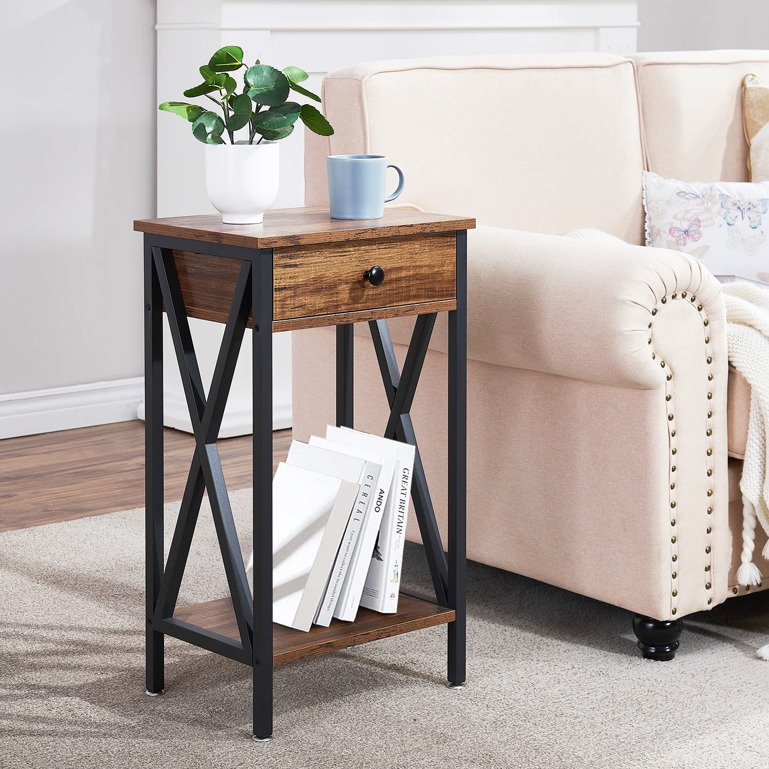 VECELO Tall Side End Table 27.6”Nightstand Shelves and Drawer for Living Room/Bedroom/Office ...