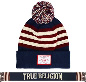 True Religion Beanie Hat and Scarf Set, Winter Cuffed Knit Cap with Pom ...