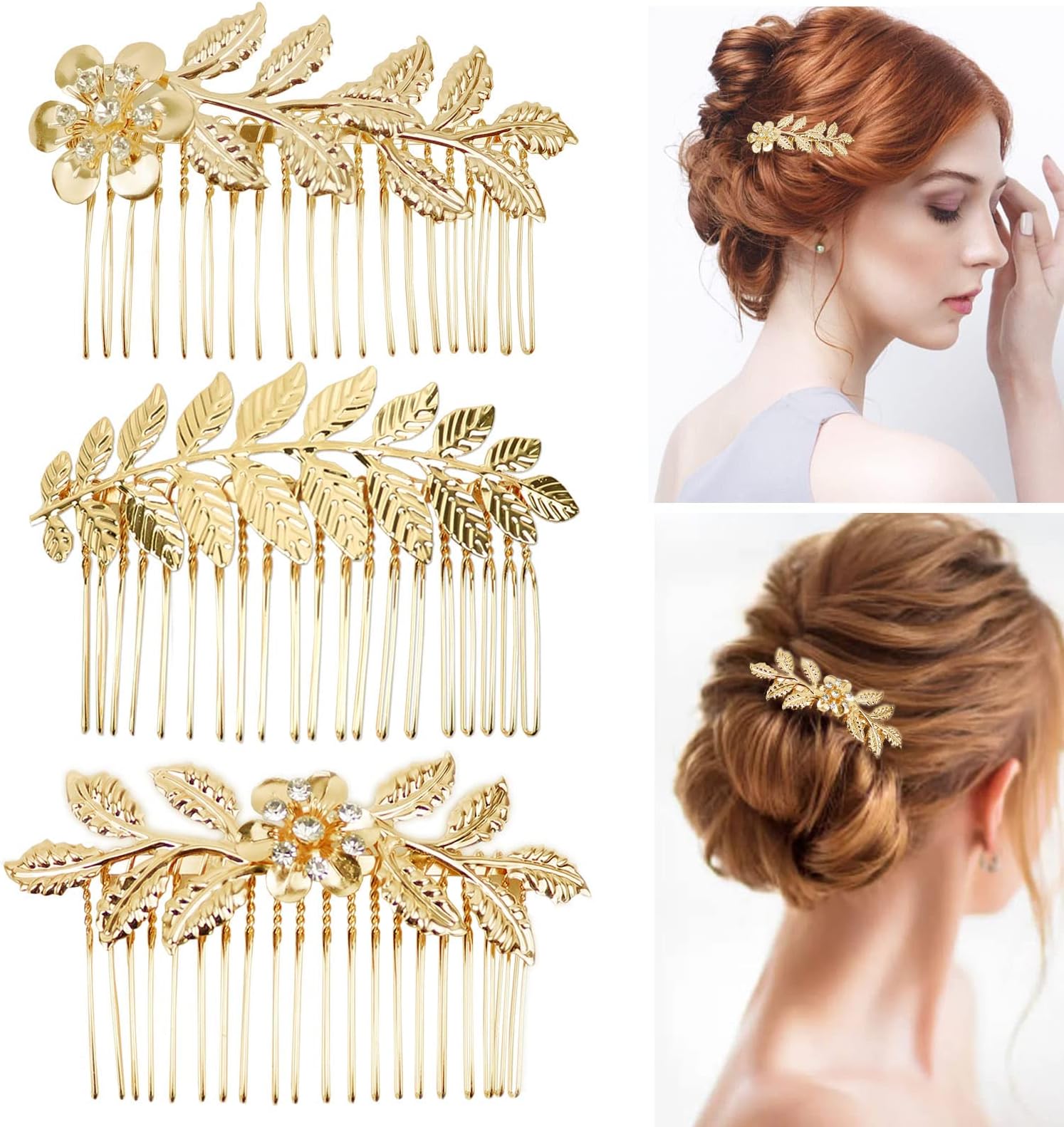 Amazon.com : 3PCS Leaf Hair Side Combs, Gold Rhinestone Hair Comb, Hair ...