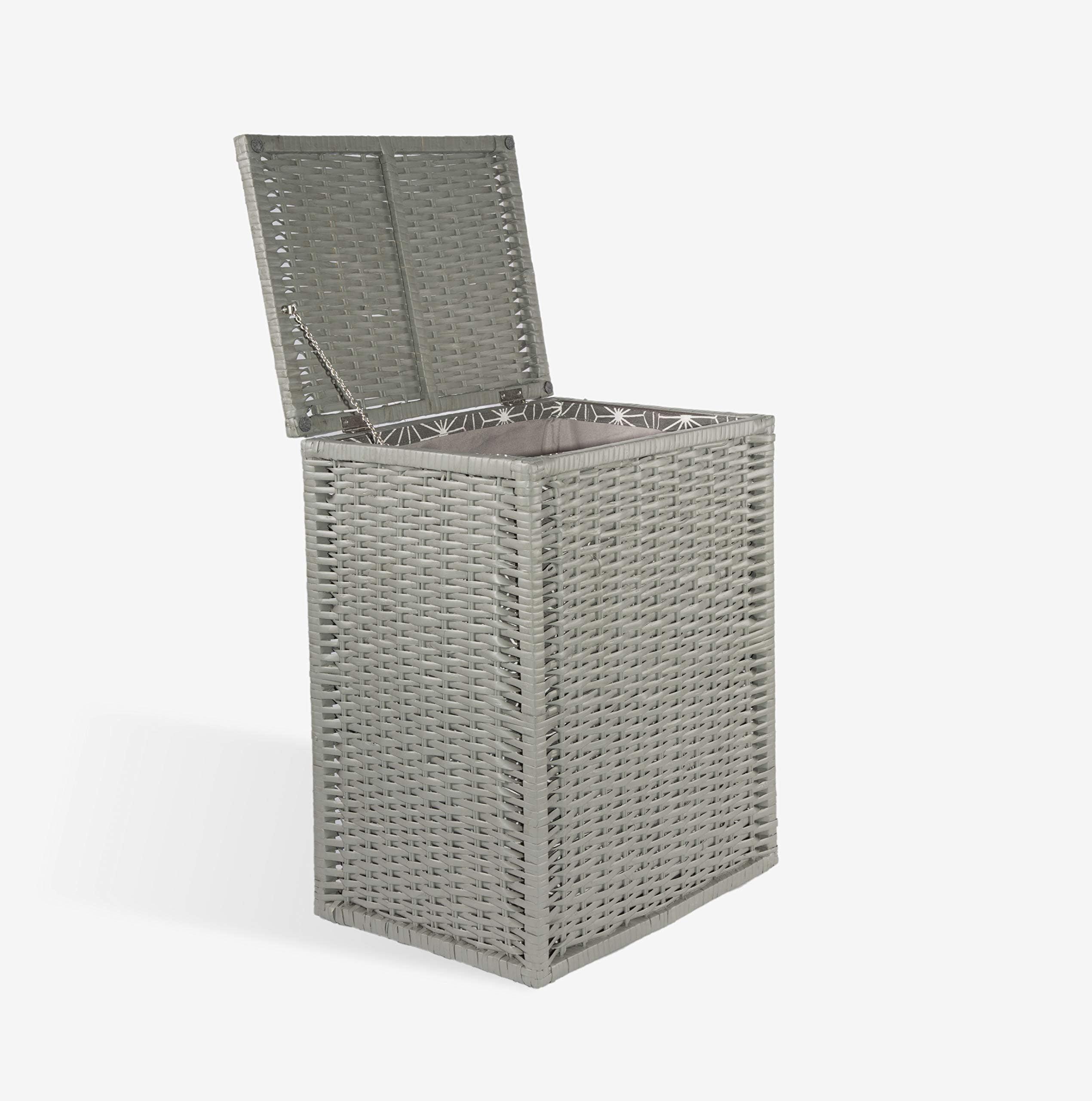 Grey Painted Round Laundry Wicker Basket Cotton Liner With Lid Bathroom ...