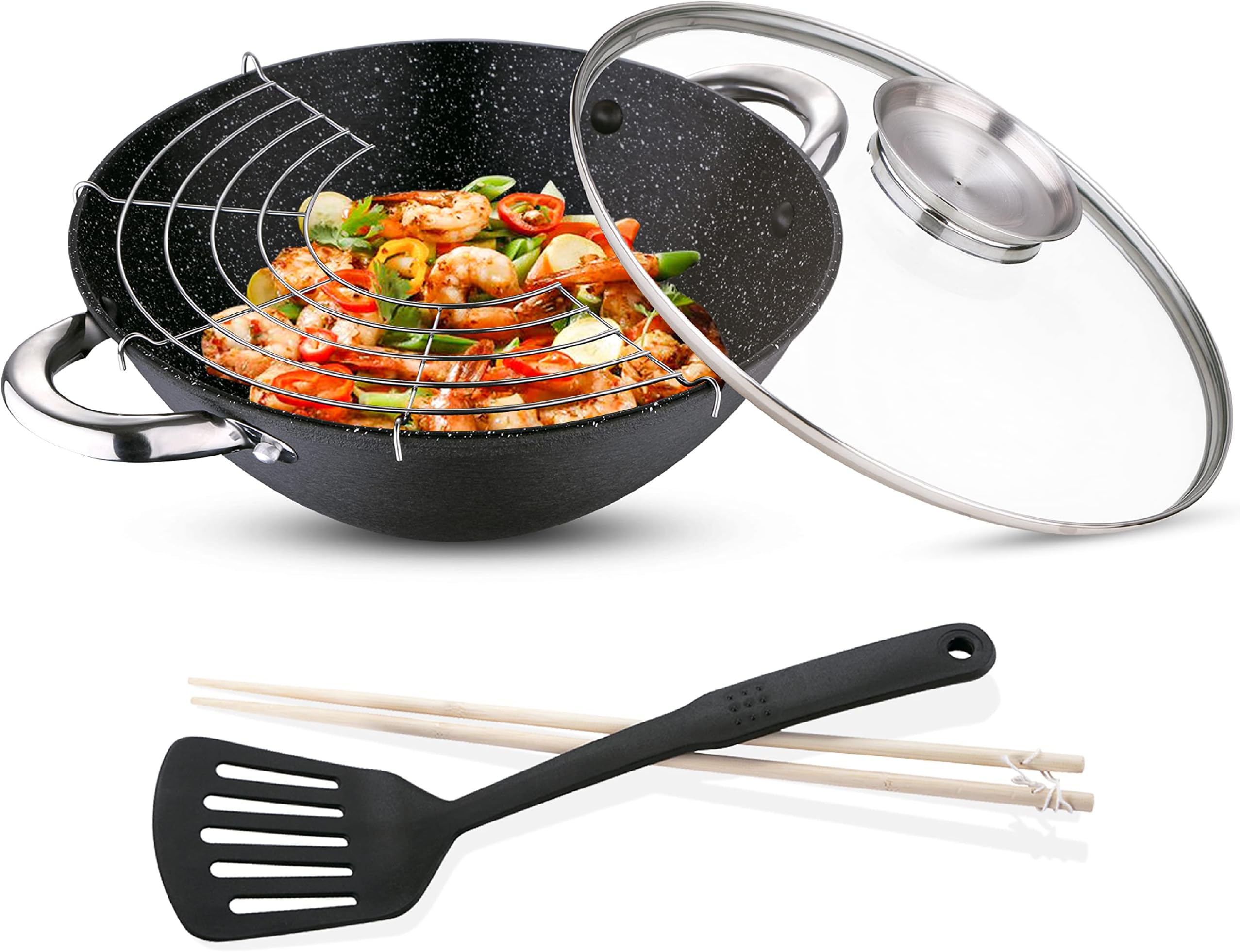 Relaxdays Wokpfanne mit Glasdeckel 30 cm, Wok mit Antihaftbeschichtung ...