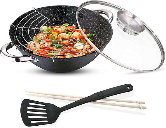 RENBERG Wasabi Wok | Sartén Wok con Revestimiento de Mármol y Tapa de ...