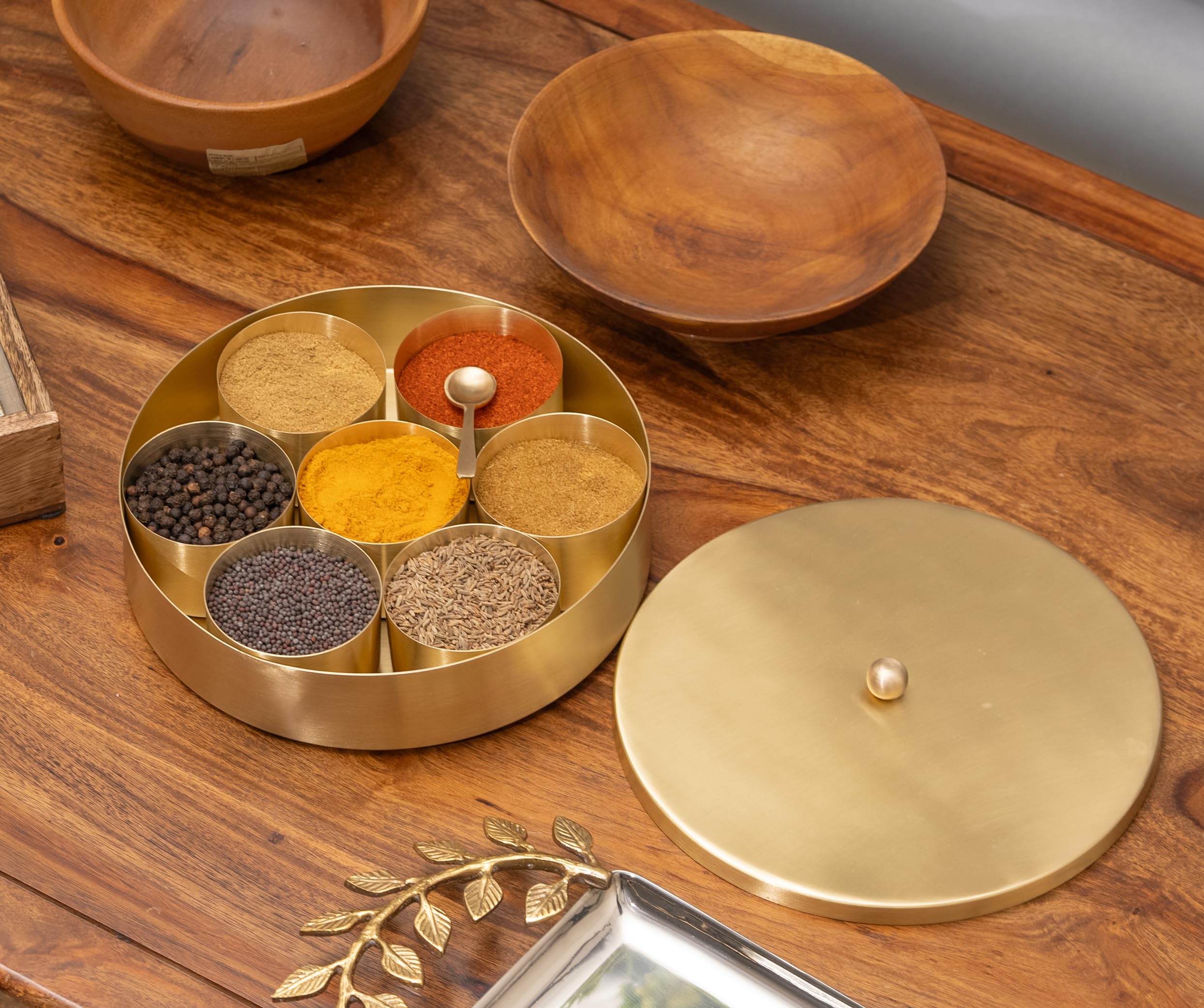 Veda Essentials. Handcrafted Brass Masala Box with 7 Compartments and a ...
