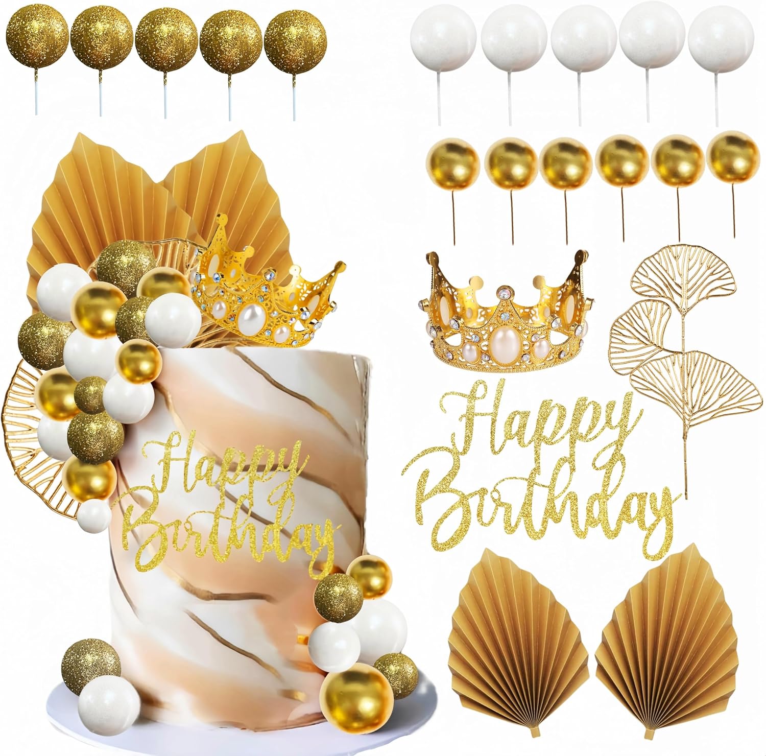 Amazon.com: Balls Cake Toppers White Gold Balls Cake Toppers Crown Cake ...