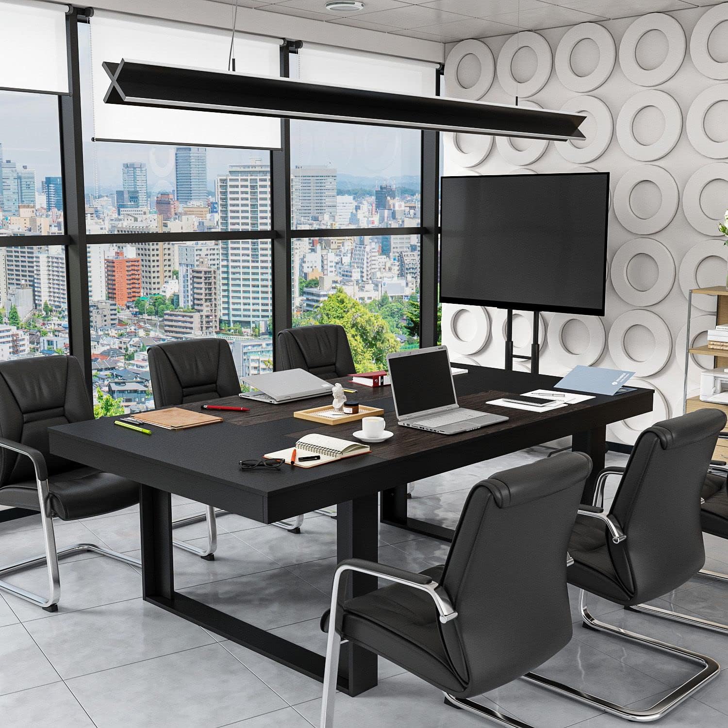 Amazon.com: FAMAPY Rectangular Conference Table, Black Metal Frame ...